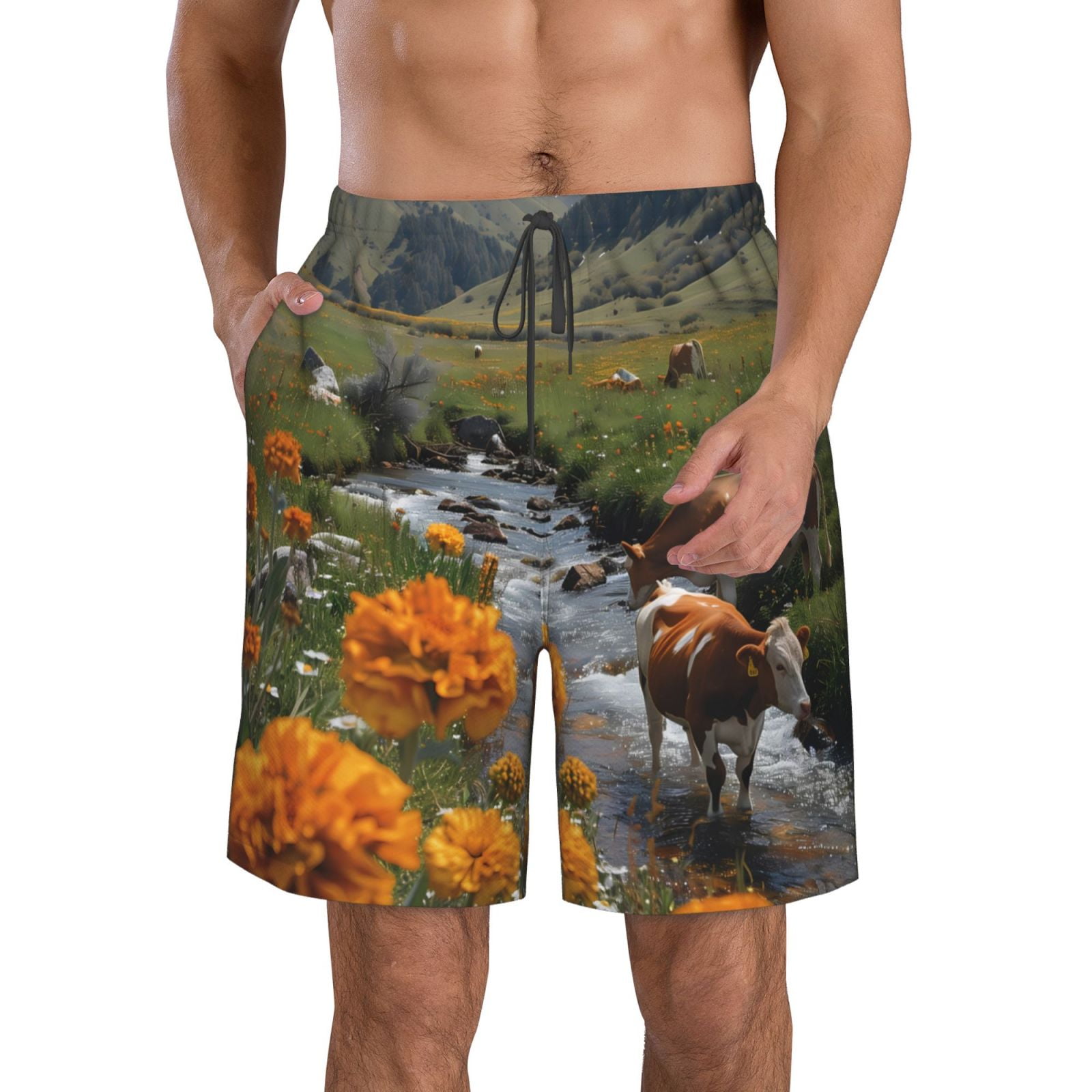 Cauagu Mountain Cows Flower Stream Print Men's Swim Trunks,Hawaiian ...