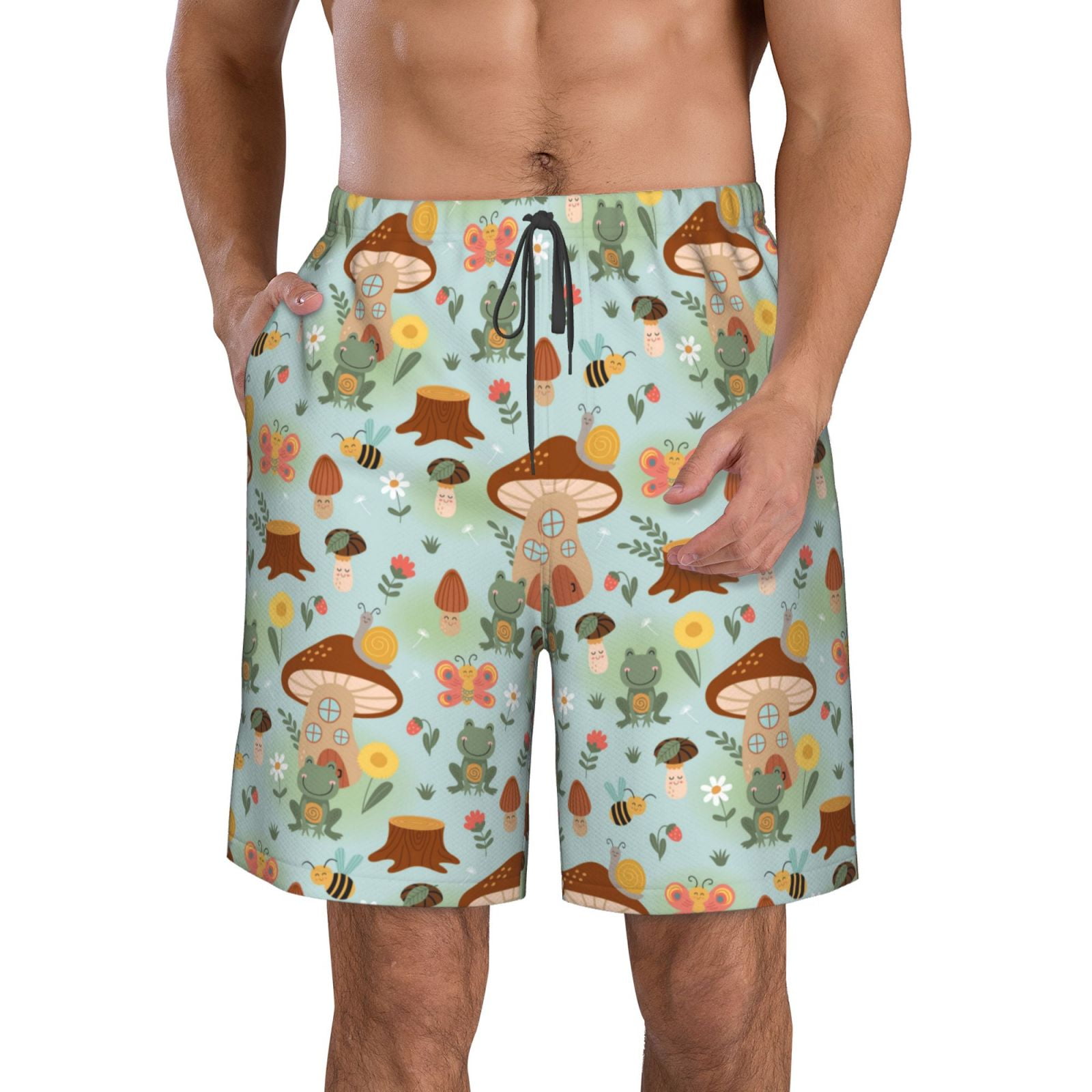 Cauagu Mushroom House Insect Frog Print Men's Swim Trunks,Hawaiian ...