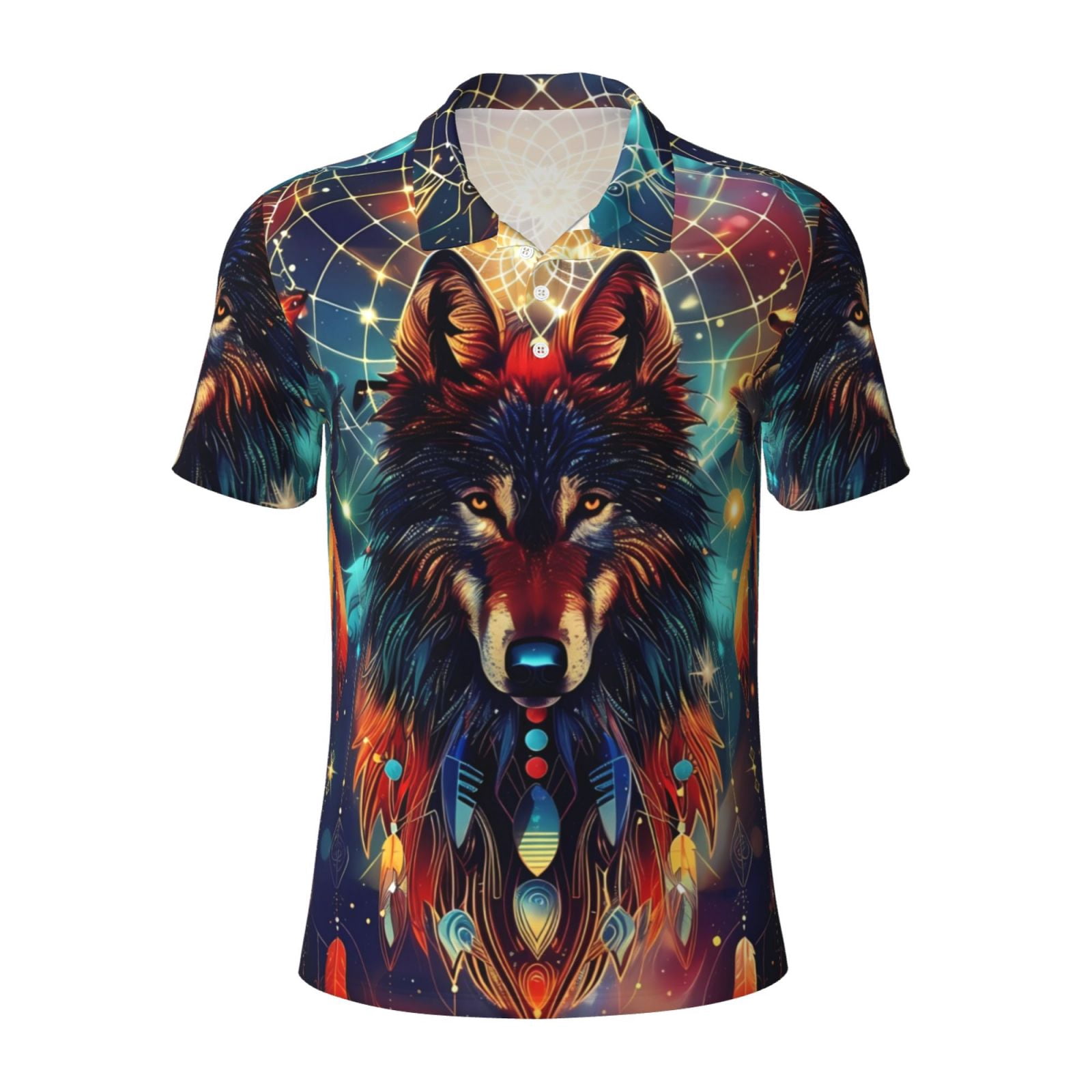 Cauagu Mystic Wolf Dreamcatcher Print Men's Polo Shirts, Short-Sleeve ...