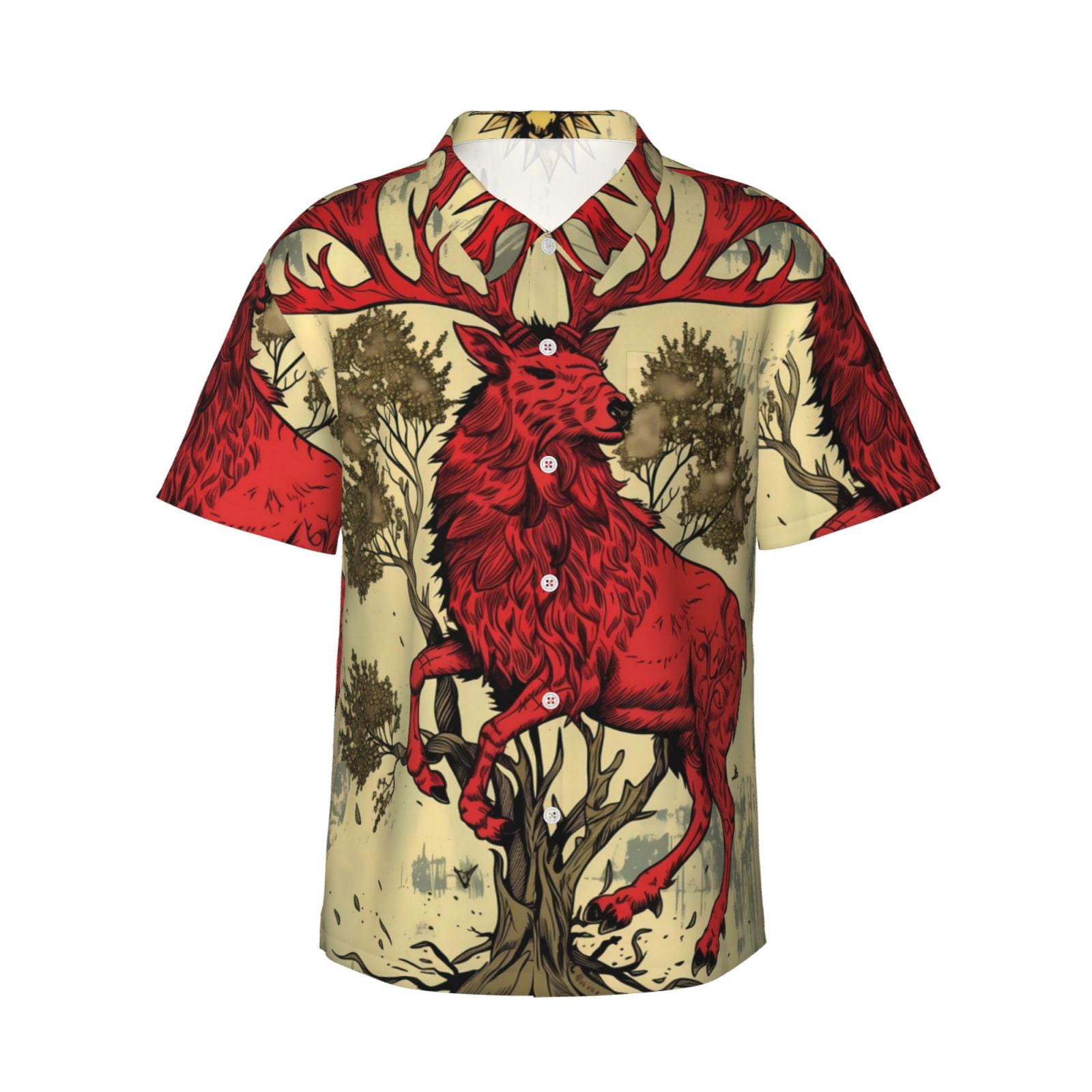Cauagu Mythical Red Stag Illustration Print Hawaiian Shirt for Men ...