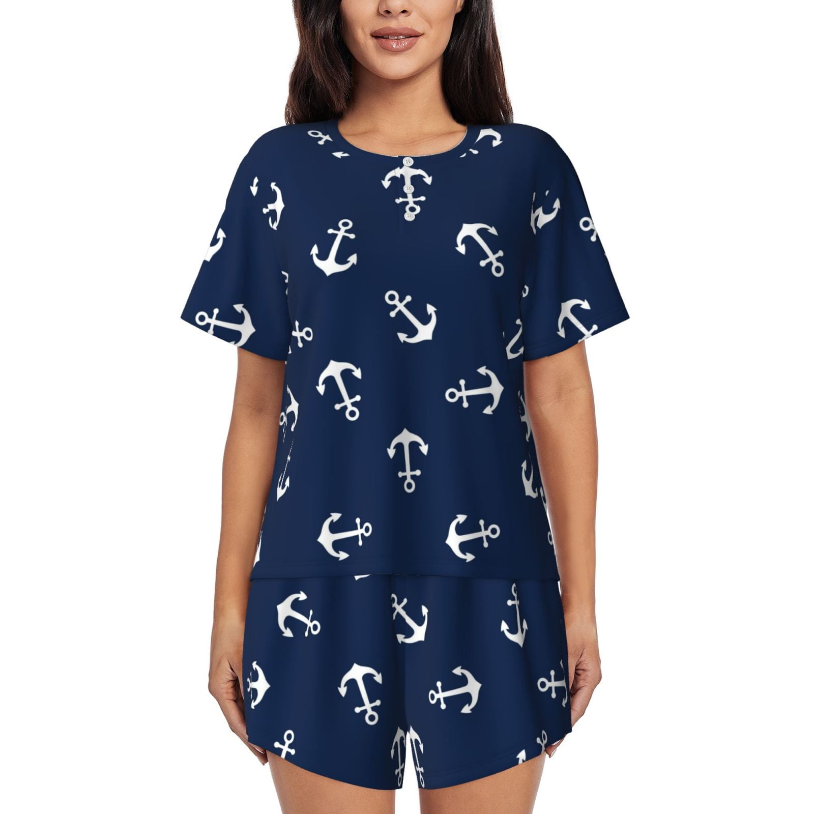 Cauagu Nautical Themed Simple Anchors for Women's Round Neck Pajama Set ...