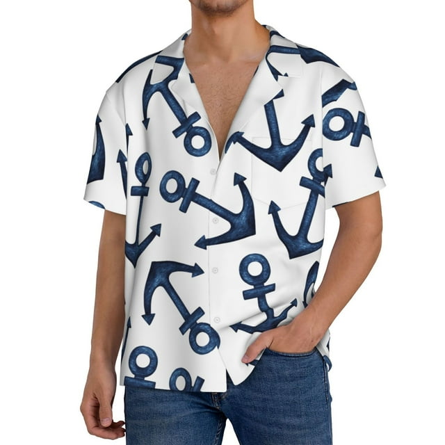 Cauagu Navy Blue Anchor Men's Short Sleeve Button Down Hawaiian Shirt ...