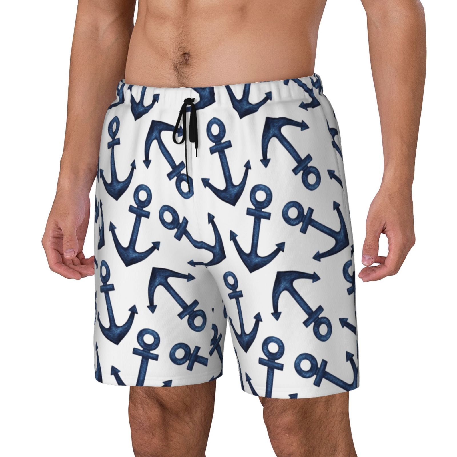 Cauagu Navy Blue Anchor Print Mens Swim Trunks Quick Dry Board Shorts ...