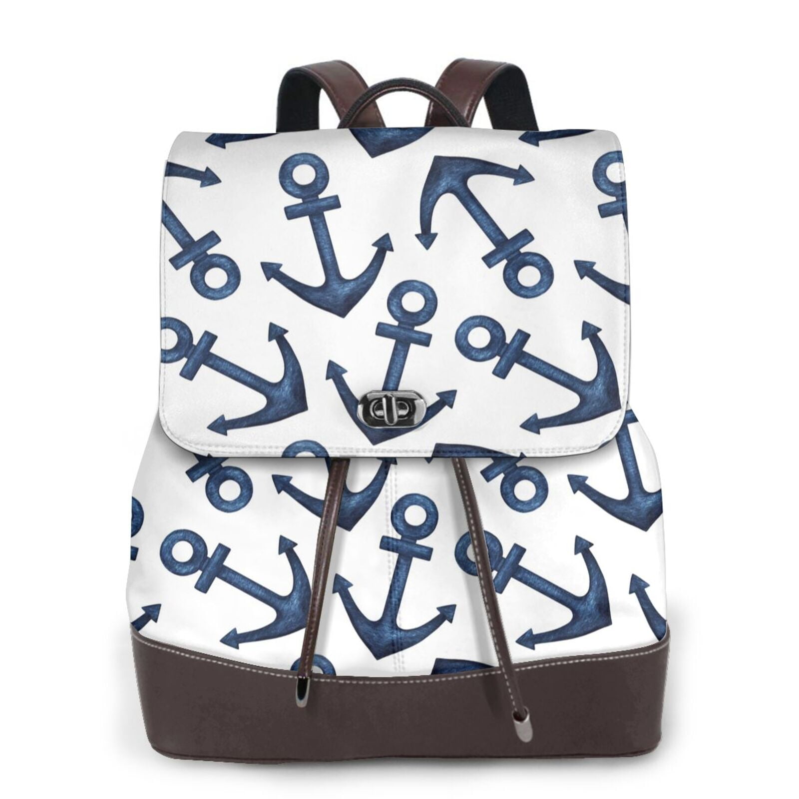 Cauagu Navy Blue Anchors Print Women's PU Leather Backpack,Fashion ...