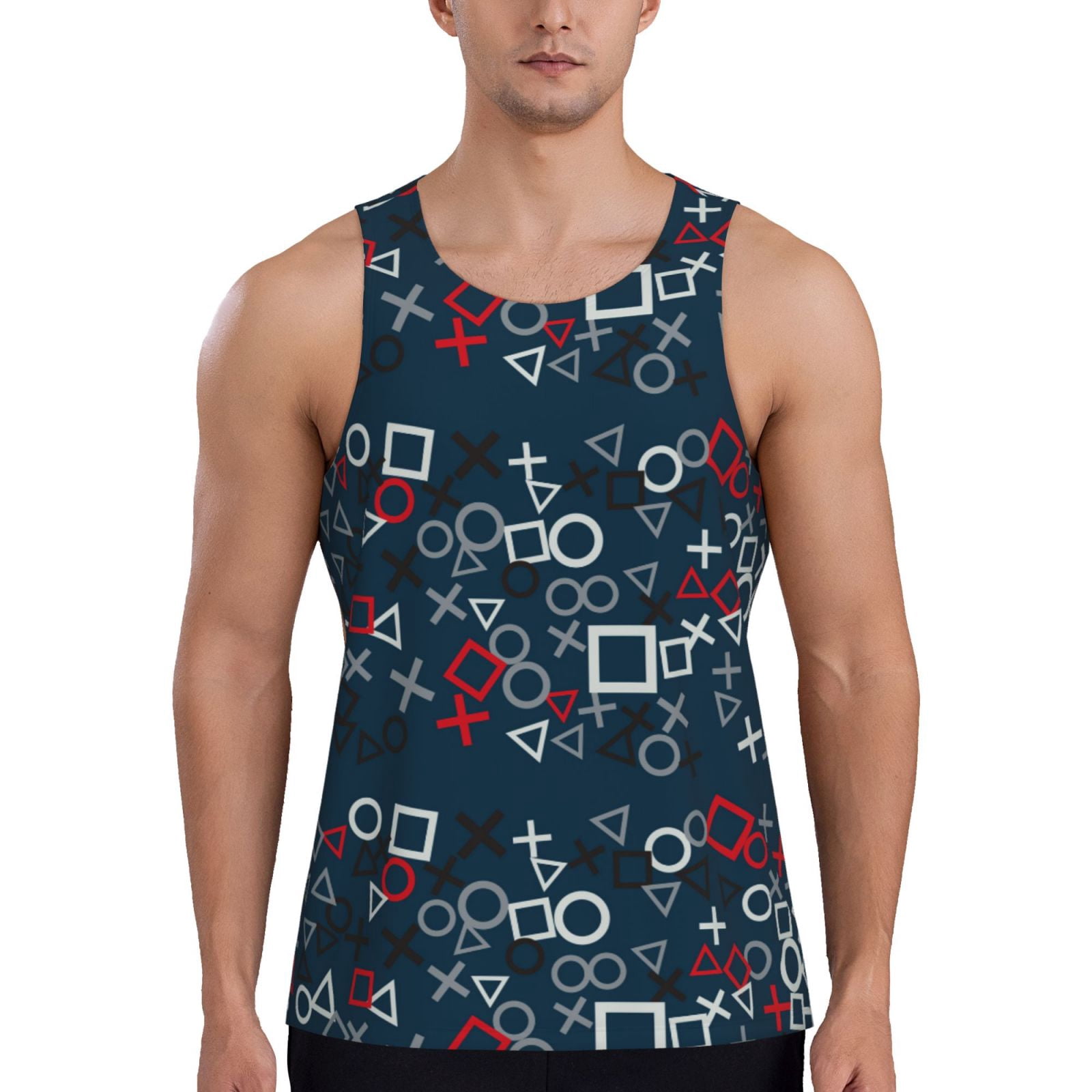 Cauagu Navy Blue Geometric Print Men's Sleeveless Muscle Shirts,Tank ...