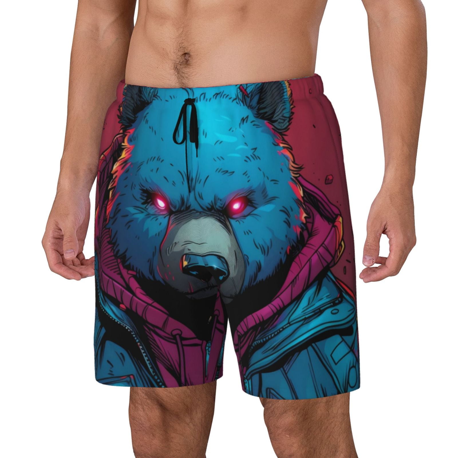 Cauagu Neon Cyberpunk Blue Bear Print Mens Swim Trunks Quick Dry Board ...