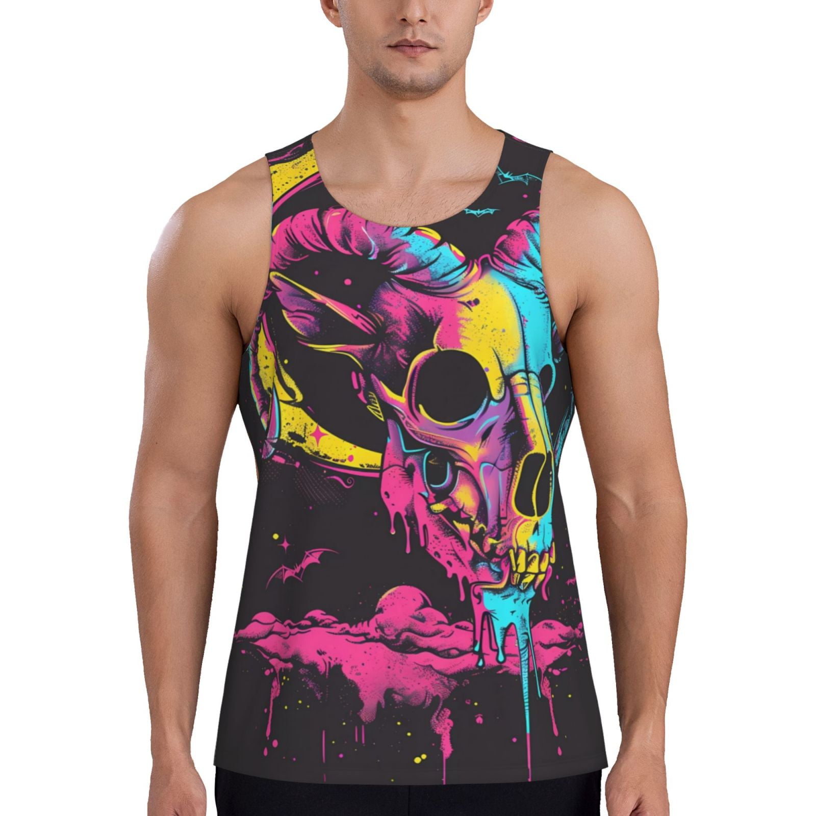 Cauagu Neon Gothic Skull Moon Print Men's Sleeveless Muscle Shirts,Tank ...