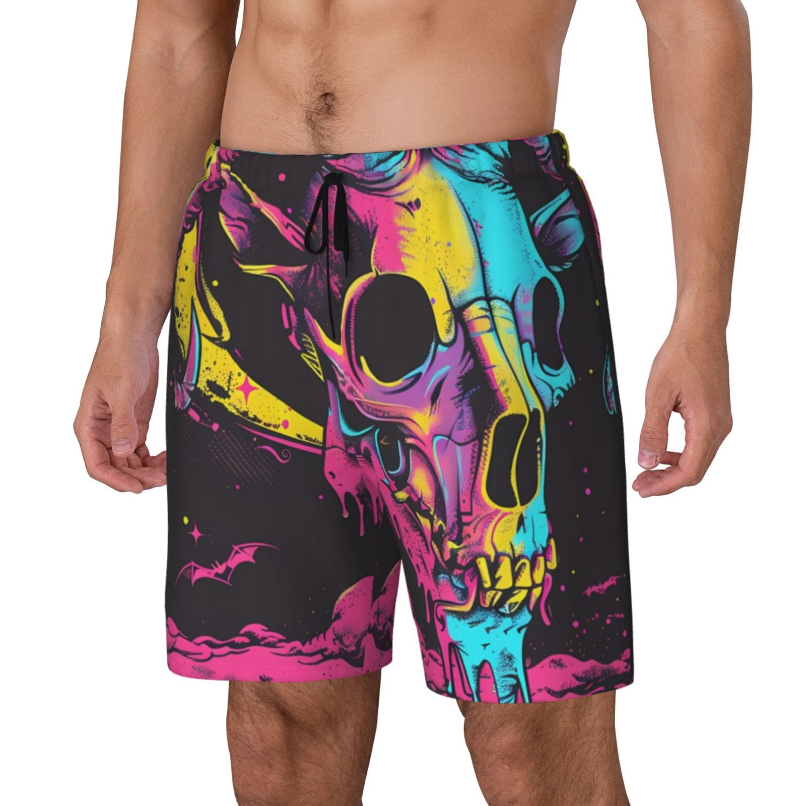 Cauagu Neon Gothic Skull Moon Print Mens Swim Trunks Quick Dry Board ...