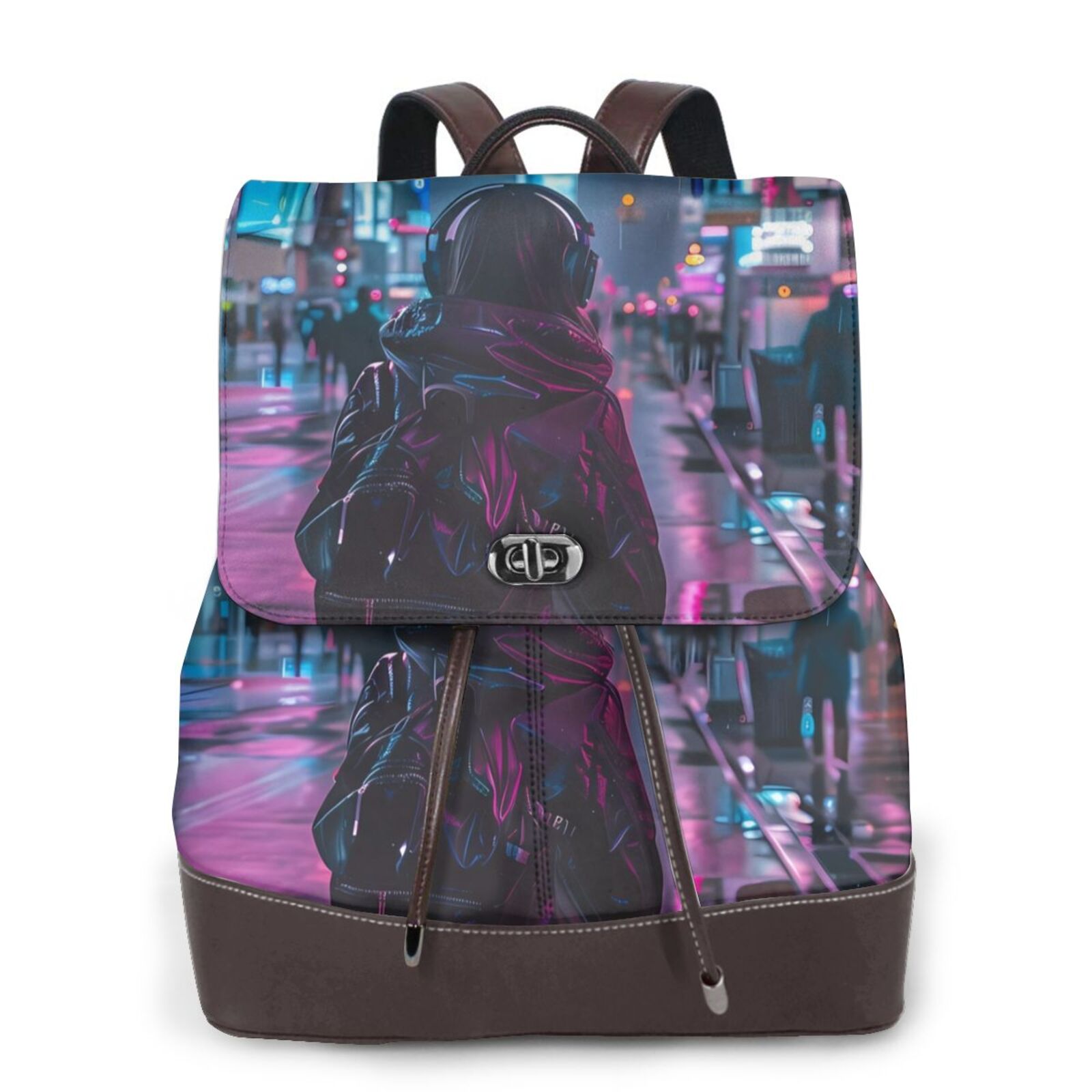 Cauagu Neon Night Cityscape Print Women's PU Leather Backpack,Fashion ...