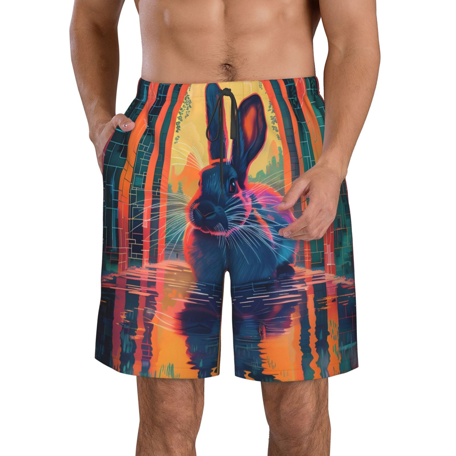 Cauagu Neon Rabbit In Archway Print Men's Swim Trunks,Hawaiian Bathing ...