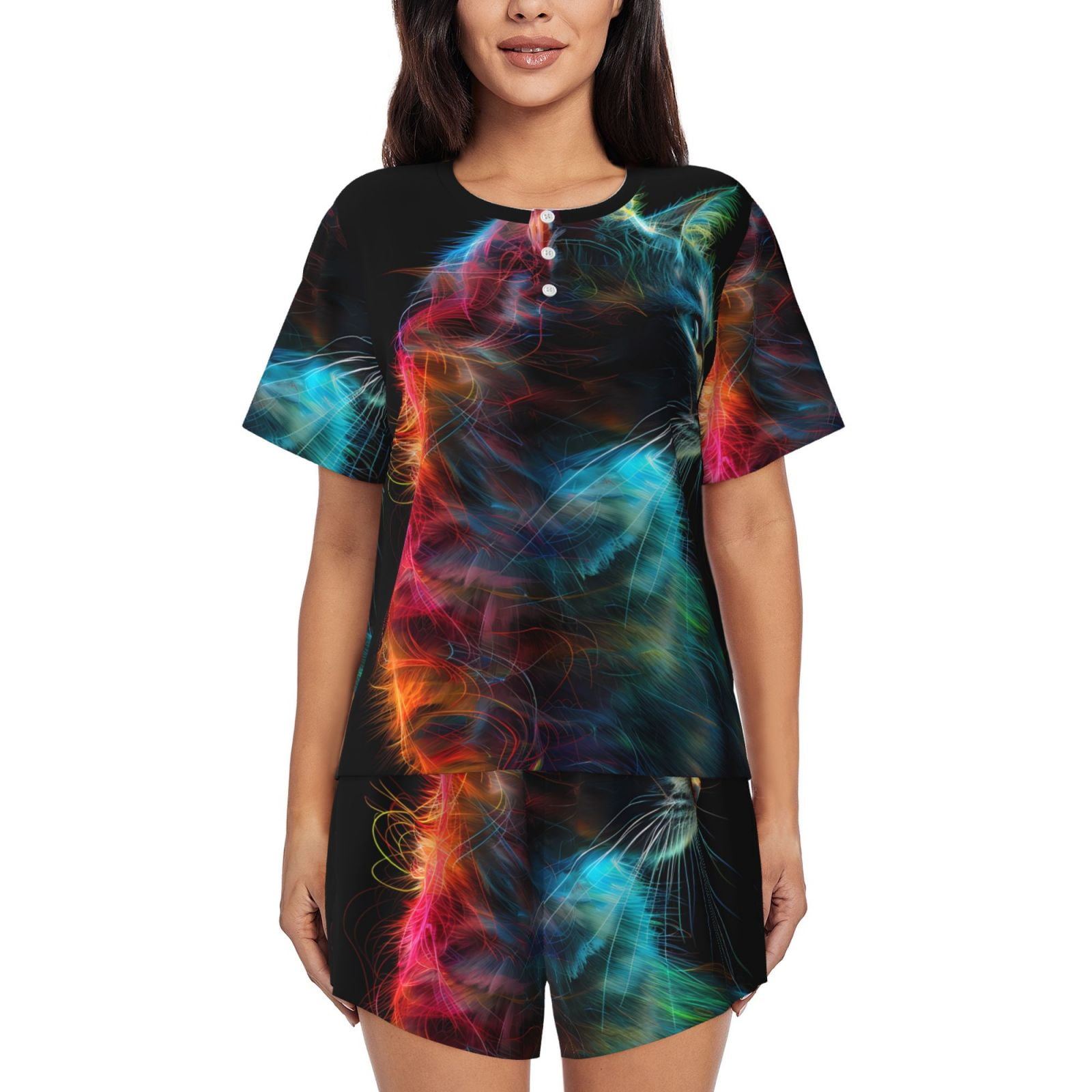 Cauagu Neon Spectrum Cat Portrait for Women's Round Neck Pajama Set ...
