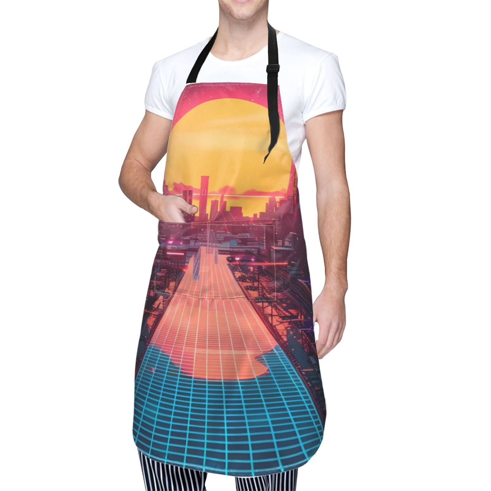 Cauagu Neon Sunset Cyberpunk Cityscape Aprons with Pockets,Waterproof ...