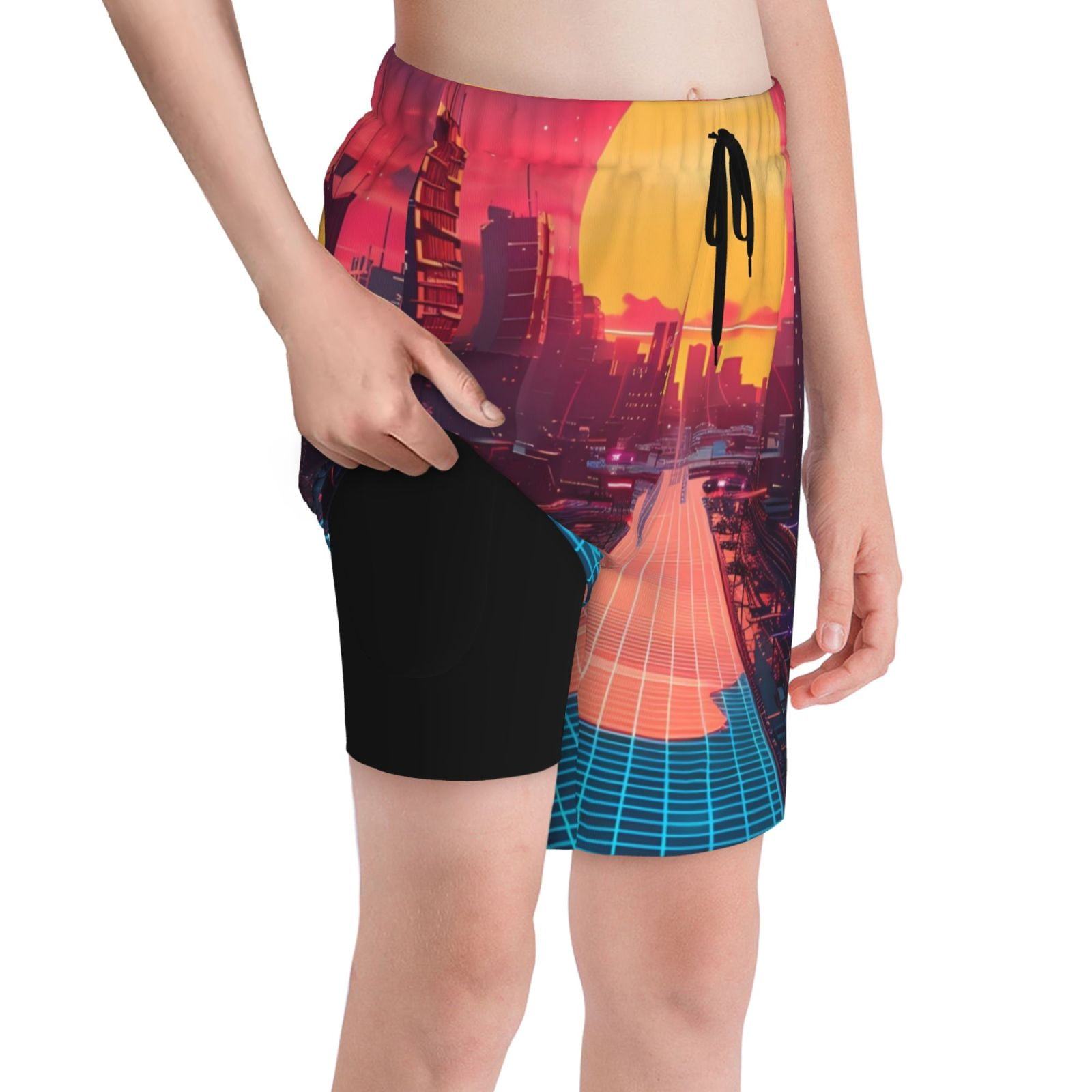 Cauagu Neon Sunset Cyberpunk Cityscape Print Swim Trunks for Men,Youth ...