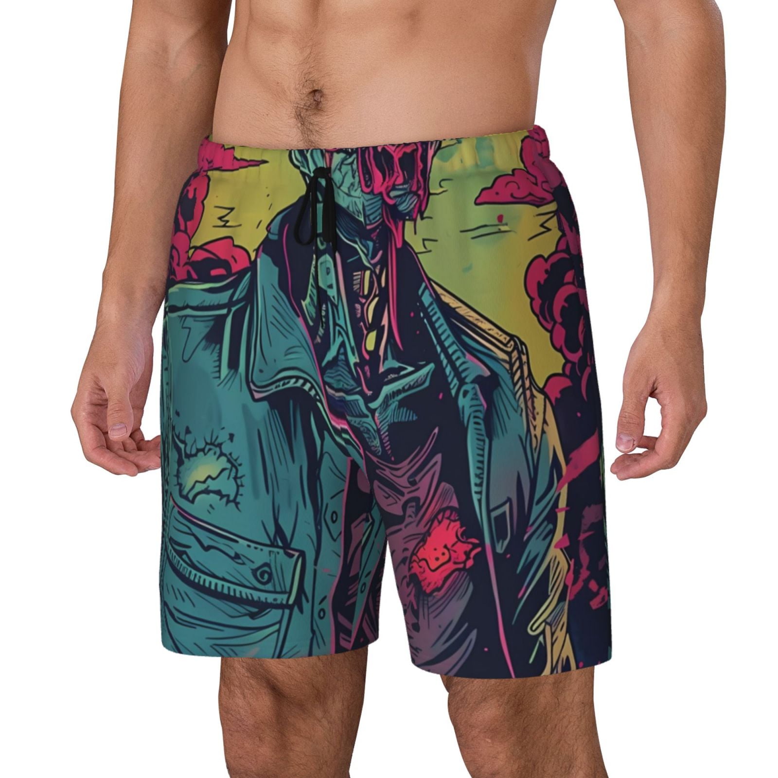 Cauagu Neon Zombie Skull Print Mens Swim Trunks Quick Dry Board Shorts Swim Shorts with ...
