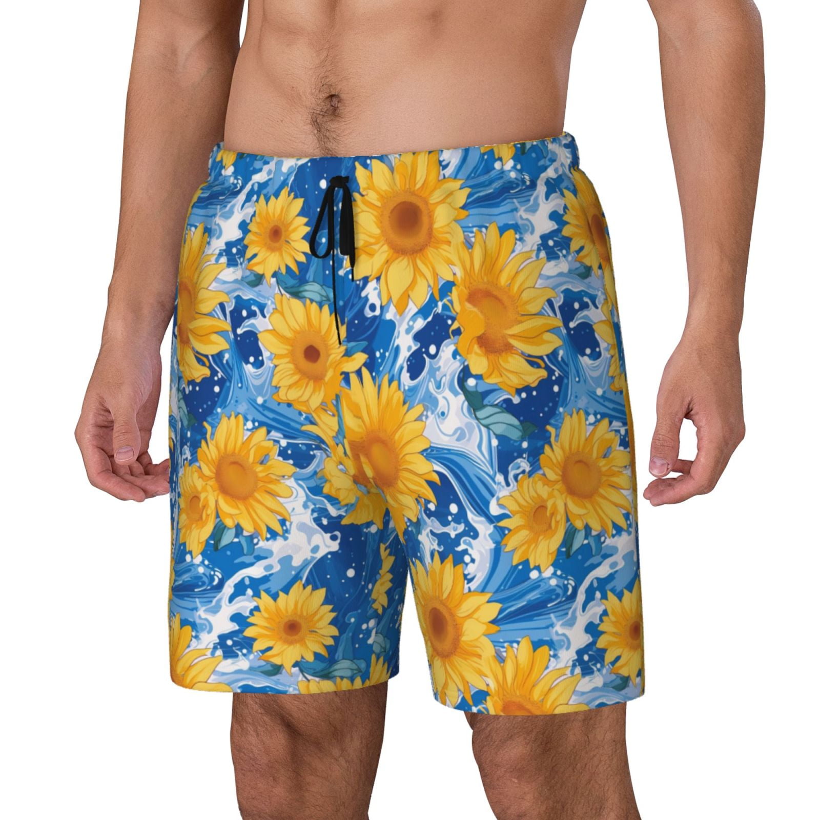 Cauagu Ocean Wave Sunflower Print Mens Swim Trunks Quick Dry Board ...