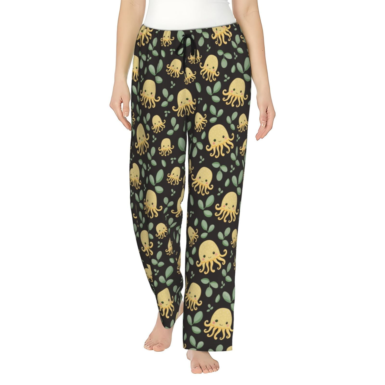 Cauagu Octopuses And Leaves Pajama Pants for Women Loose Fit Wide Leg ...