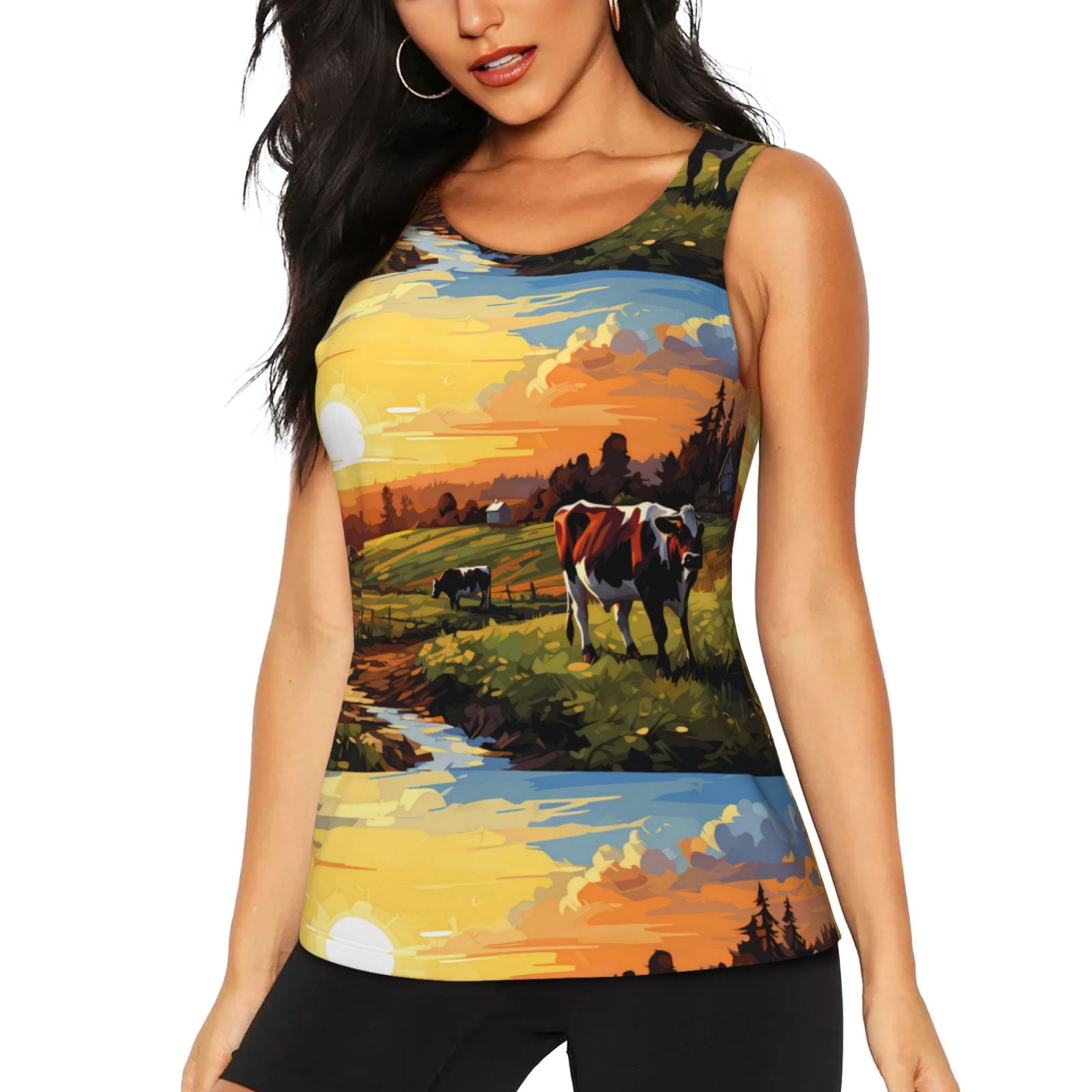 Cauagu Oil Painting Style Pasture Cow for Women's Workout Tank Tops ...