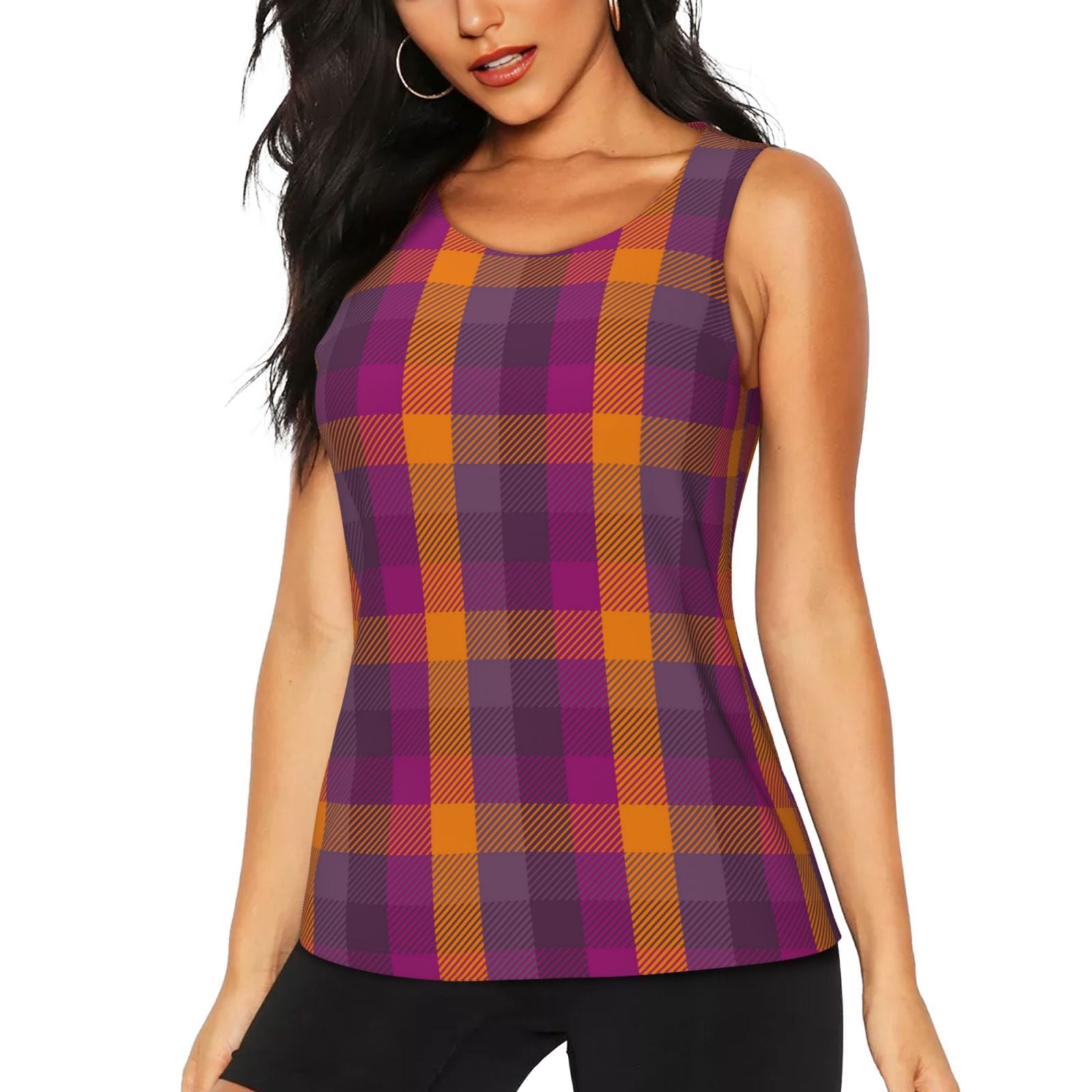 Cauagu Orange and Purple Plaid for Women's Workout Tank Tops Sleeveless ...
