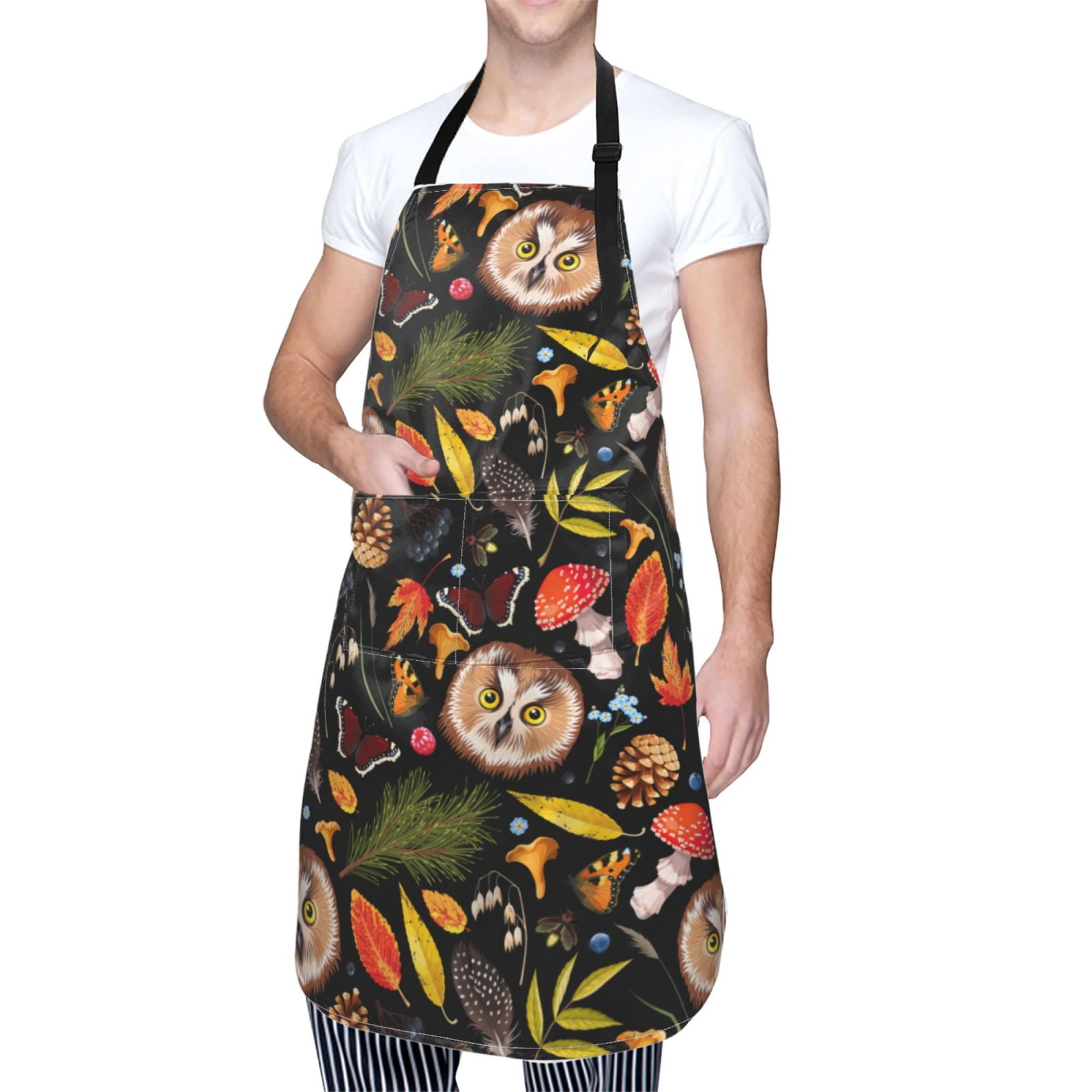 Cauagu Owl And Leaves Aprons with Pockets,Waterproof Apron for Women ...