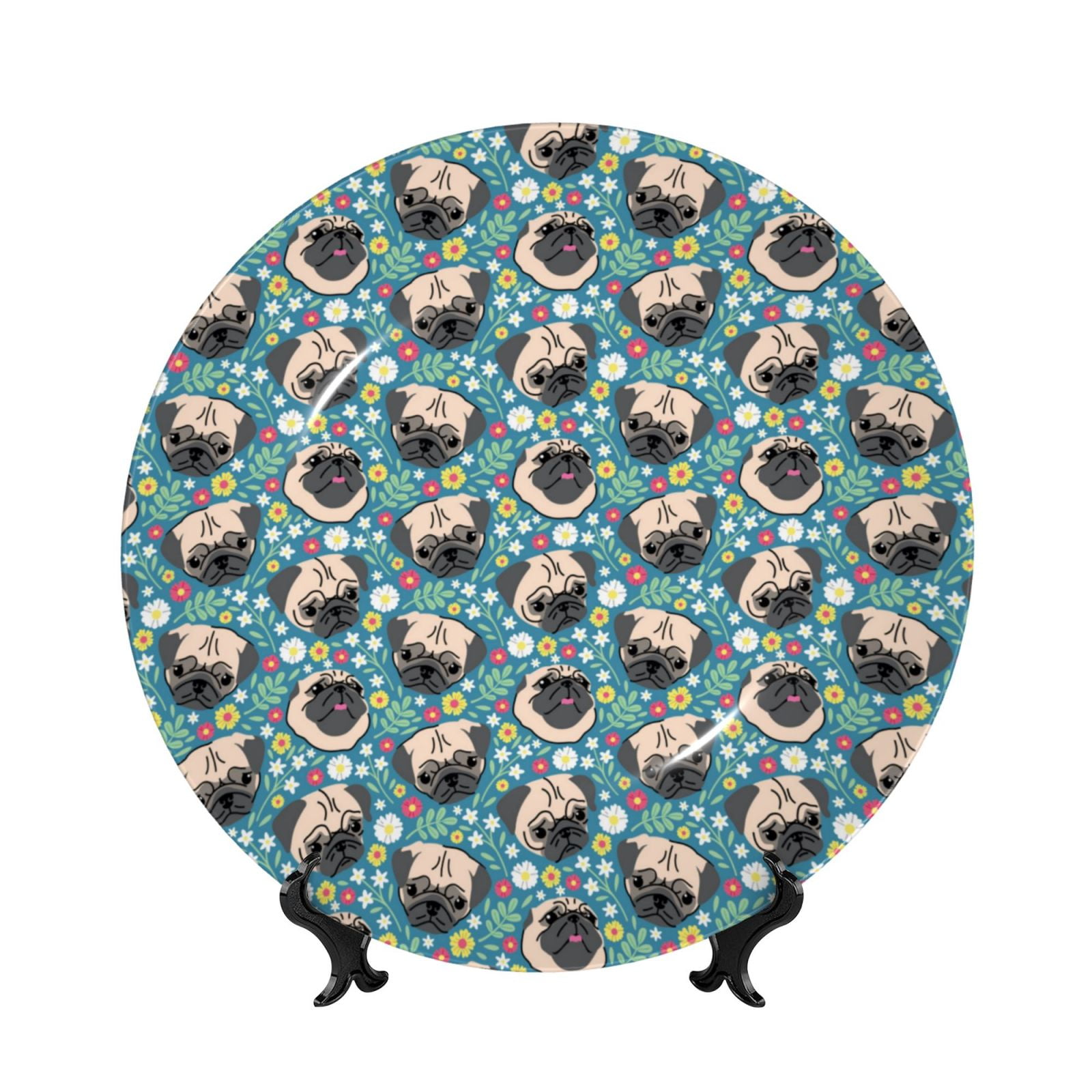 Cauagu PUG HEAD And Flower Print Bone China Decorative Plate, Wall ...