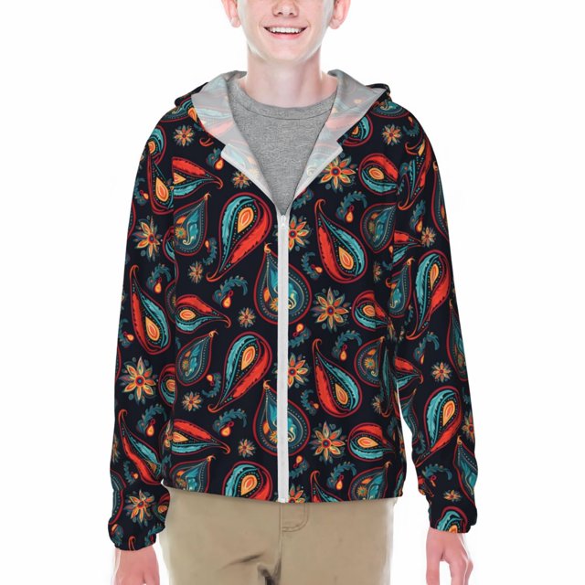 Cauagu Paisley1 Print Sun Protection Jacket for Teen,Full-Zipper Long Sleeve Sun Shirts with ...