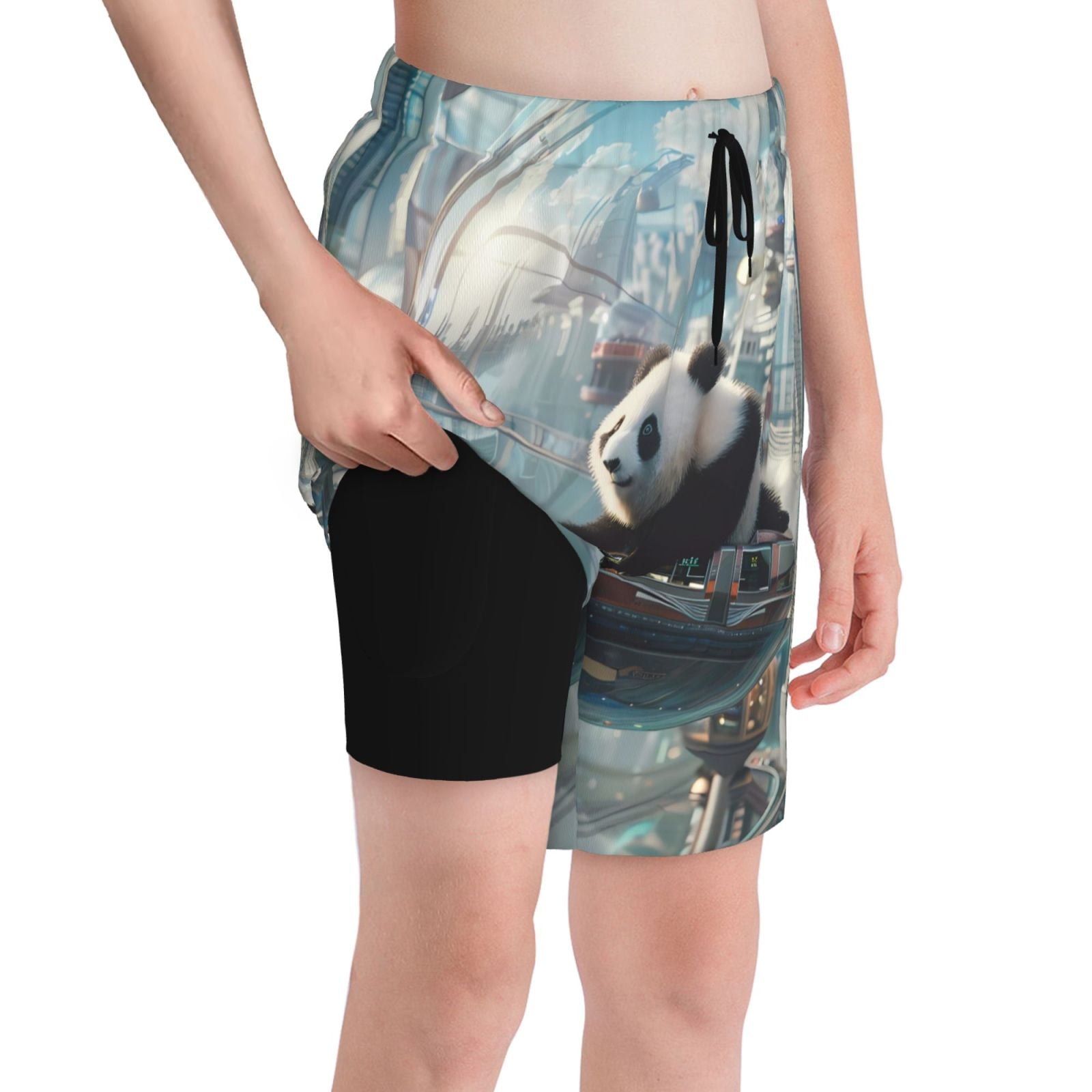 Cauagu Panda In Futuristic City Print Swim Trunks for Men,Youth Boys ...