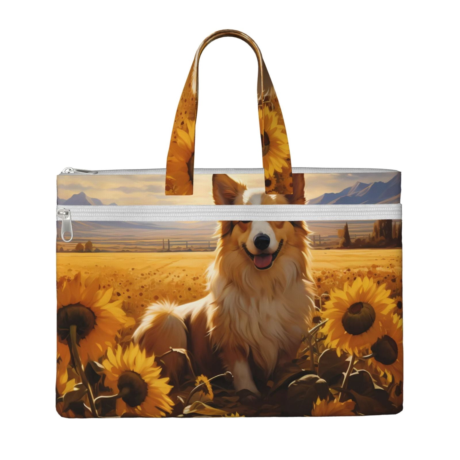 Cauagu Pastoral Sunflower Corgi Pattern Canvas Tote File Bag, Zipper ...