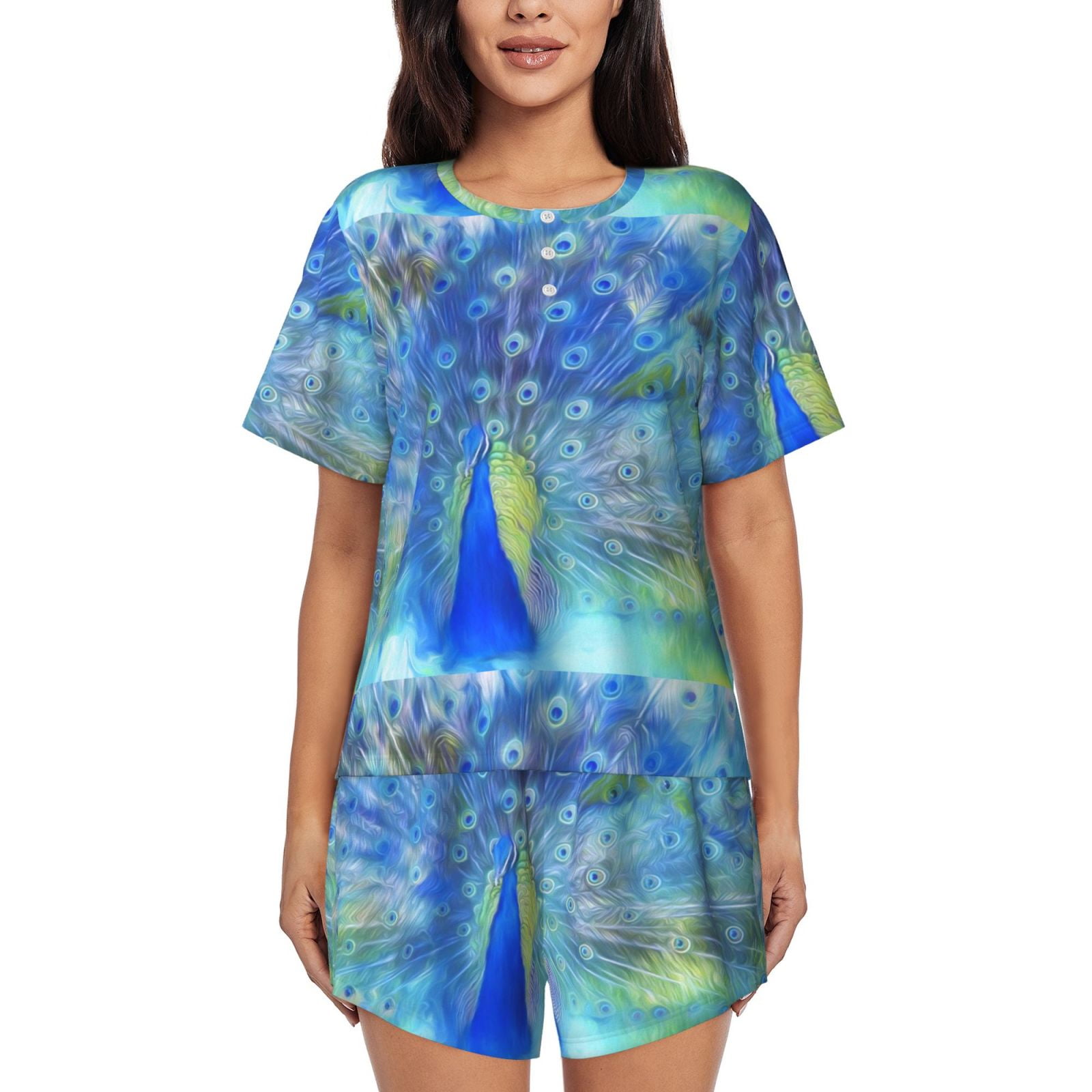 Cauagu Peacock for Women's Round Neck Pajama Set,Short-Sleeved Pajamas ...