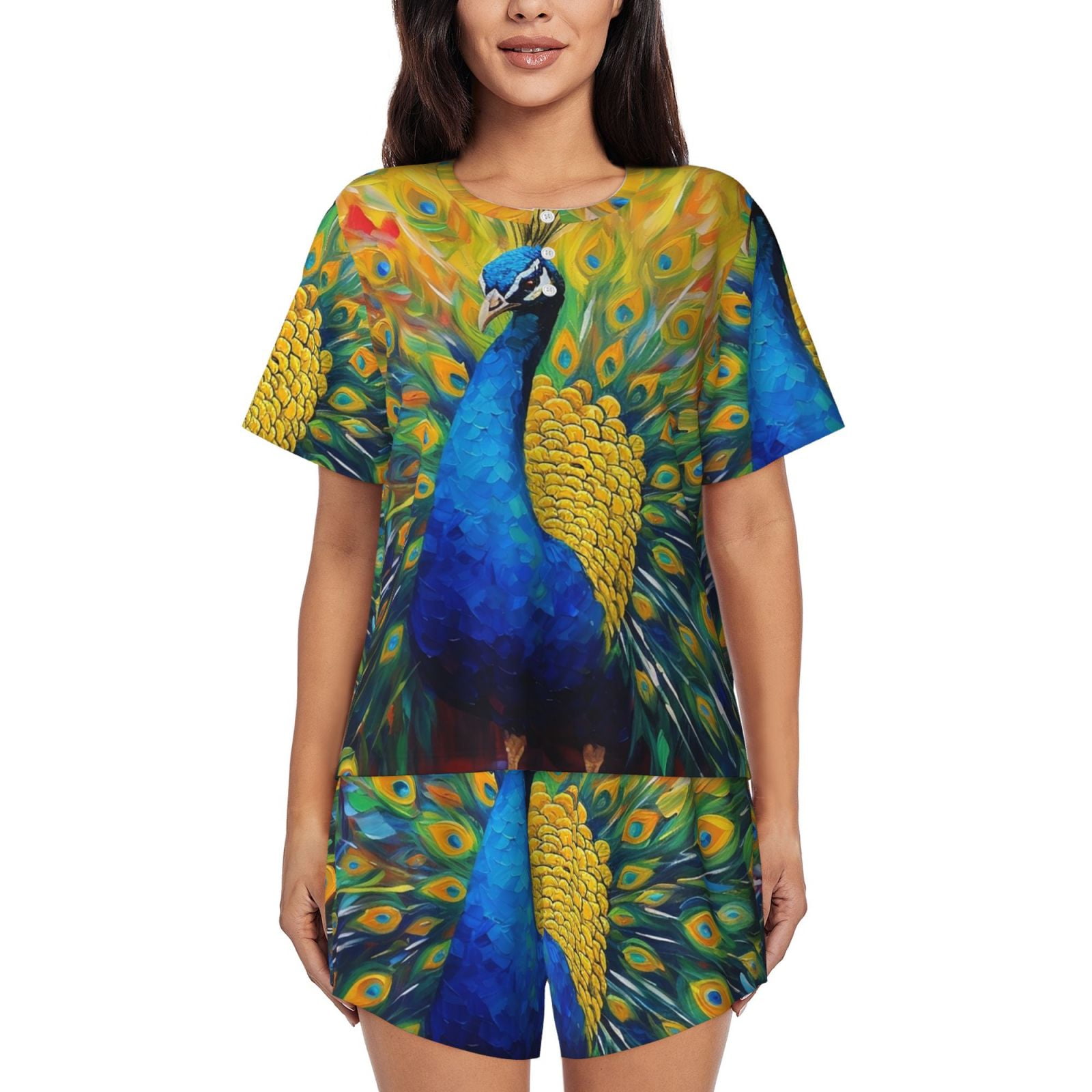 Cauagu Peacocks for Women's Round Neck Pajama Set,Short-Sleeved Pajamas ...