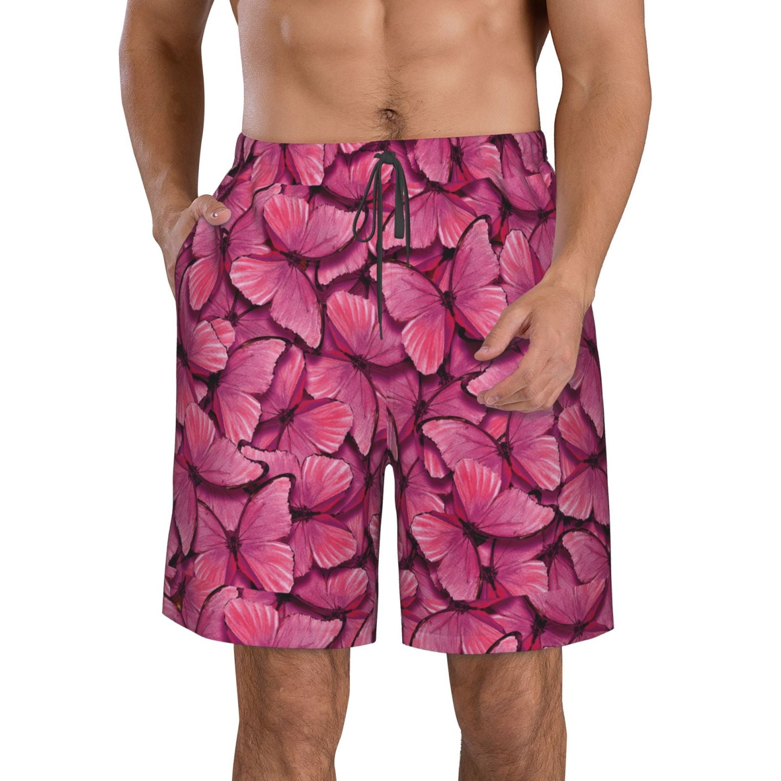 Cauagu Pink Butterfly Print Men's Swim Trunks,Hawaiian Bathing Suit ...