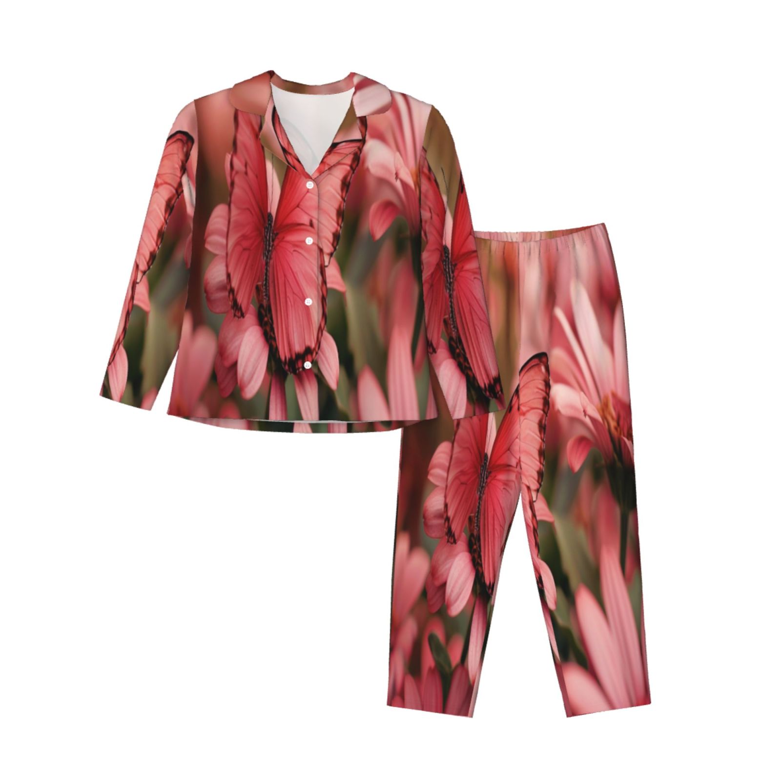 Cauagu Pink Butterfly Print Women's Long-Sleeve Pajamas Set Soft Pj ...
