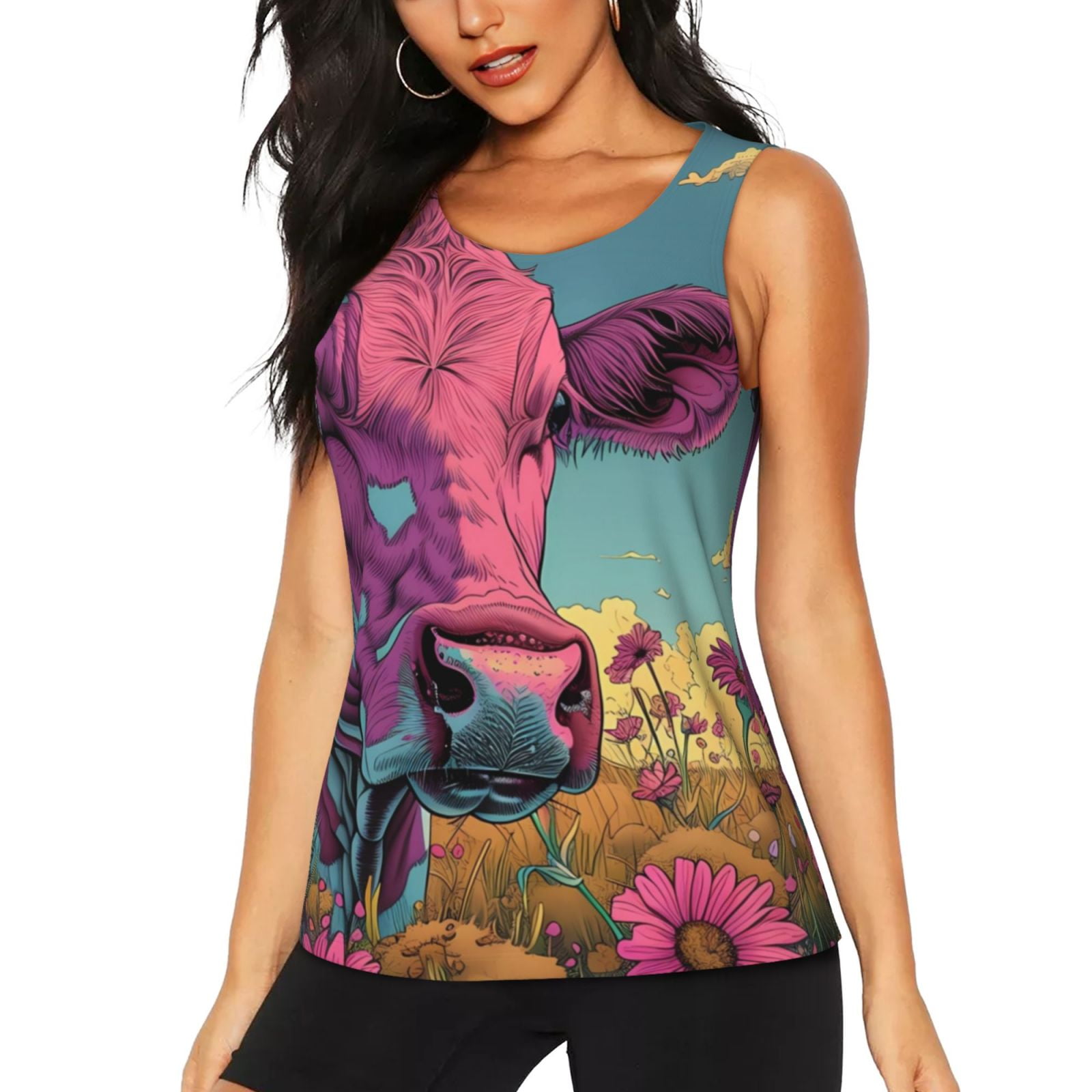 Cauagu Pink Cow In Sunflower Field for Women's Workout Tank Tops ...