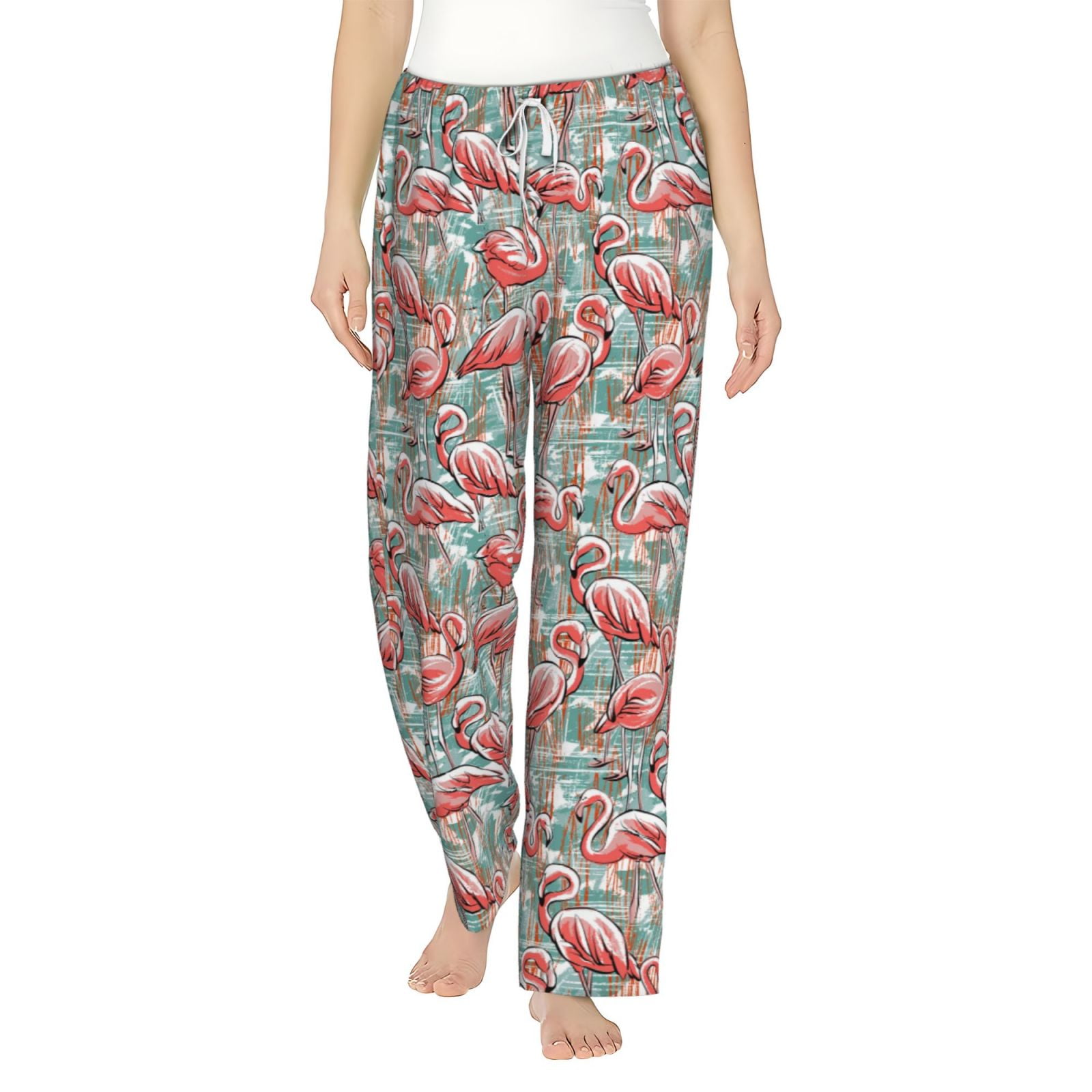 Cauagu Pink Flamingo Pajama Pants for Women Loose Fit Wide Leg Trouser ...