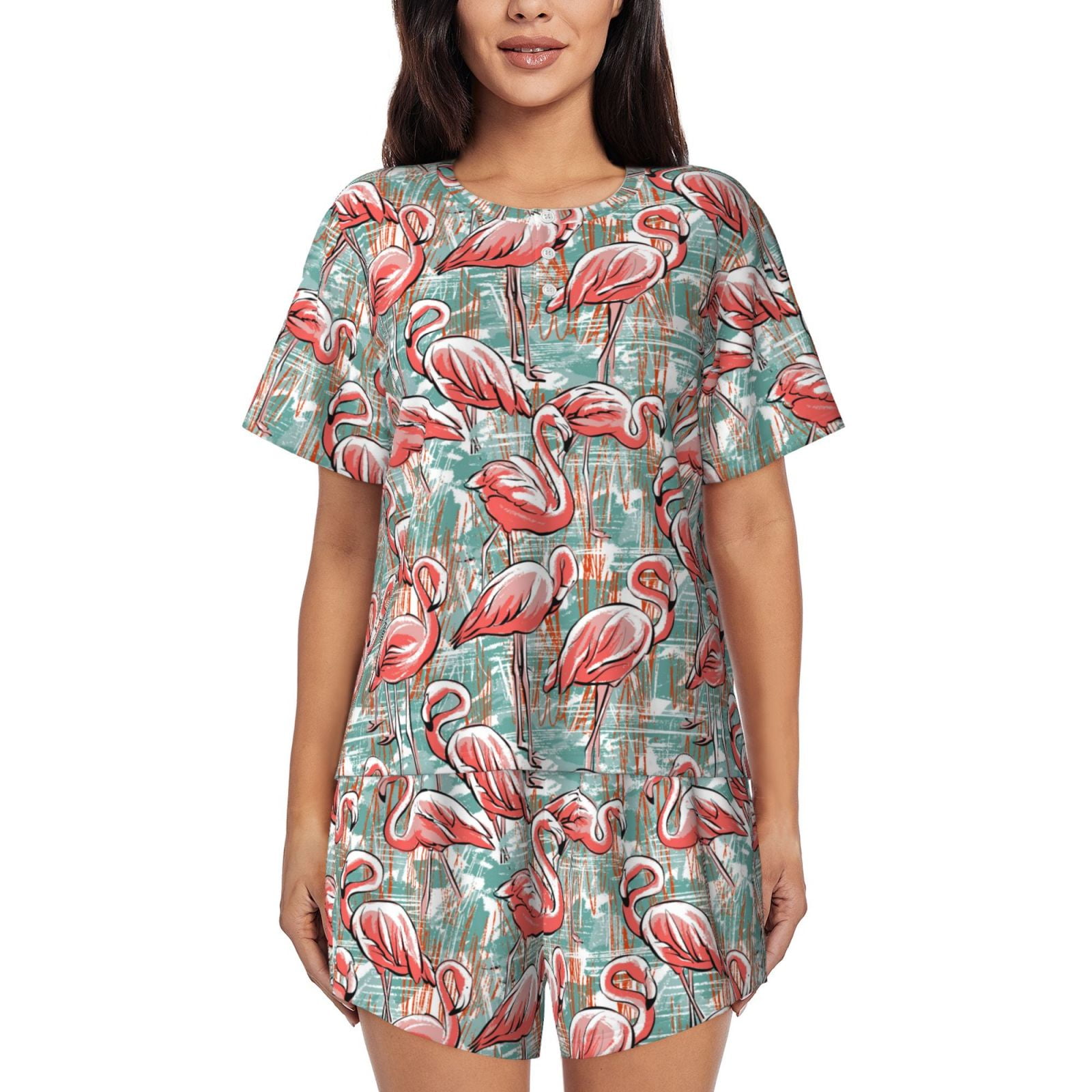 Cauagu Pink Flamingo for Women's Round Neck Pajama Set,Short-Sleeved ...