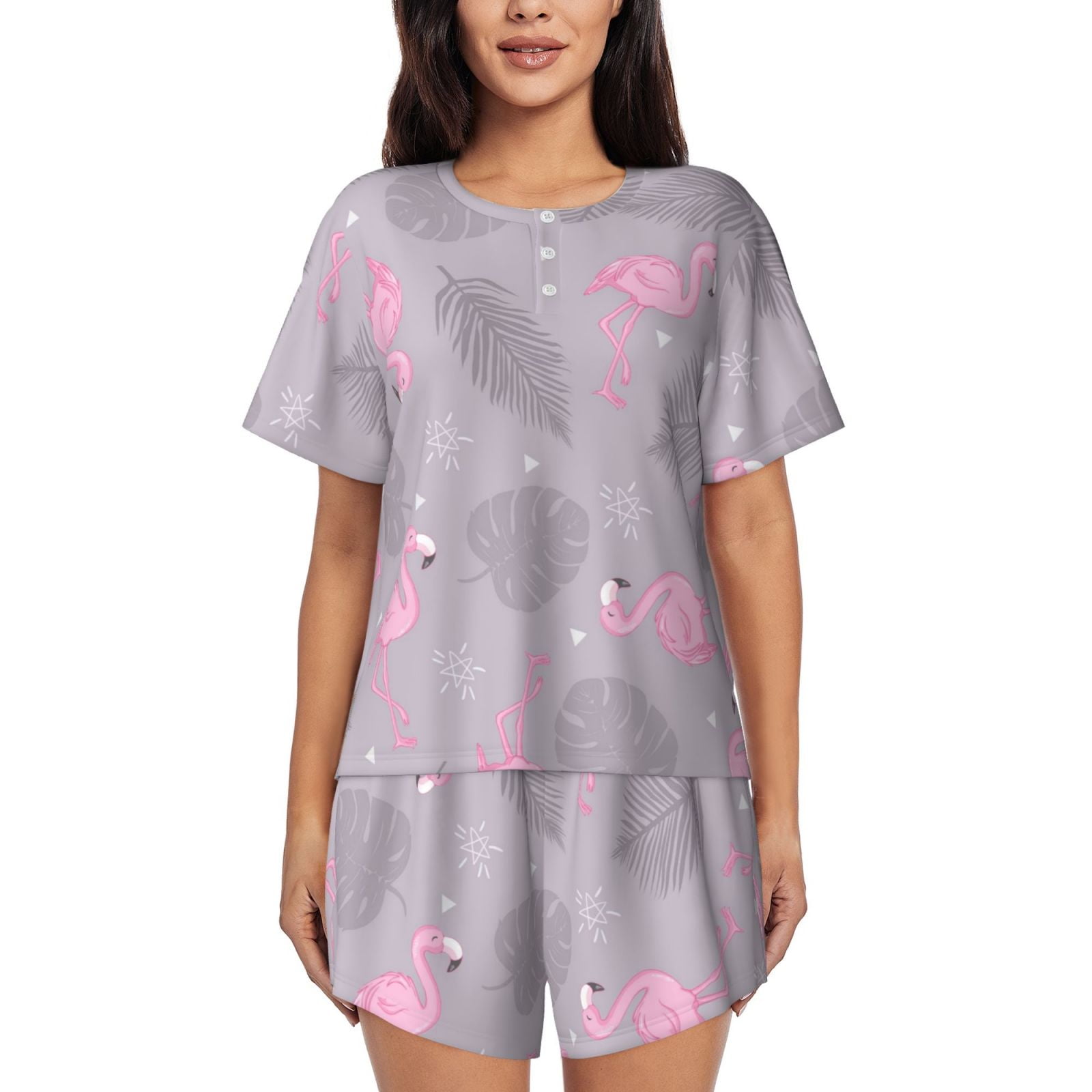 Cauagu Pink Flamingo for Women's Round Neck Pajama Set,Short-Sleeved ...