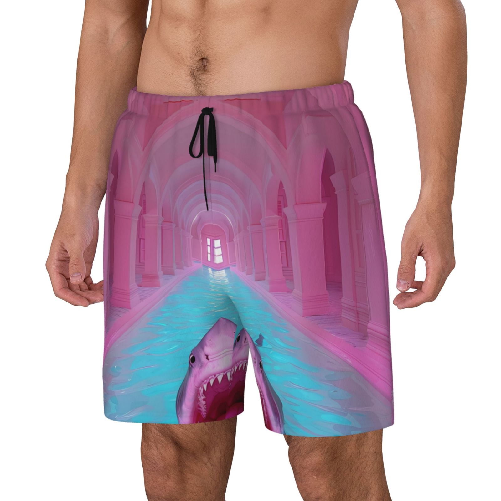 Cauagu Pink Shark Pool Fantasy Print Mens Swim Trunks Quick Dry Board ...