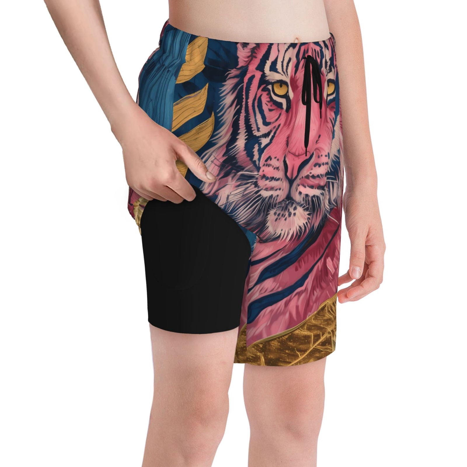Cauagu Pink Tiger Gold Leaves Print Swim Trunks for Men,Youth Boys Swim ...