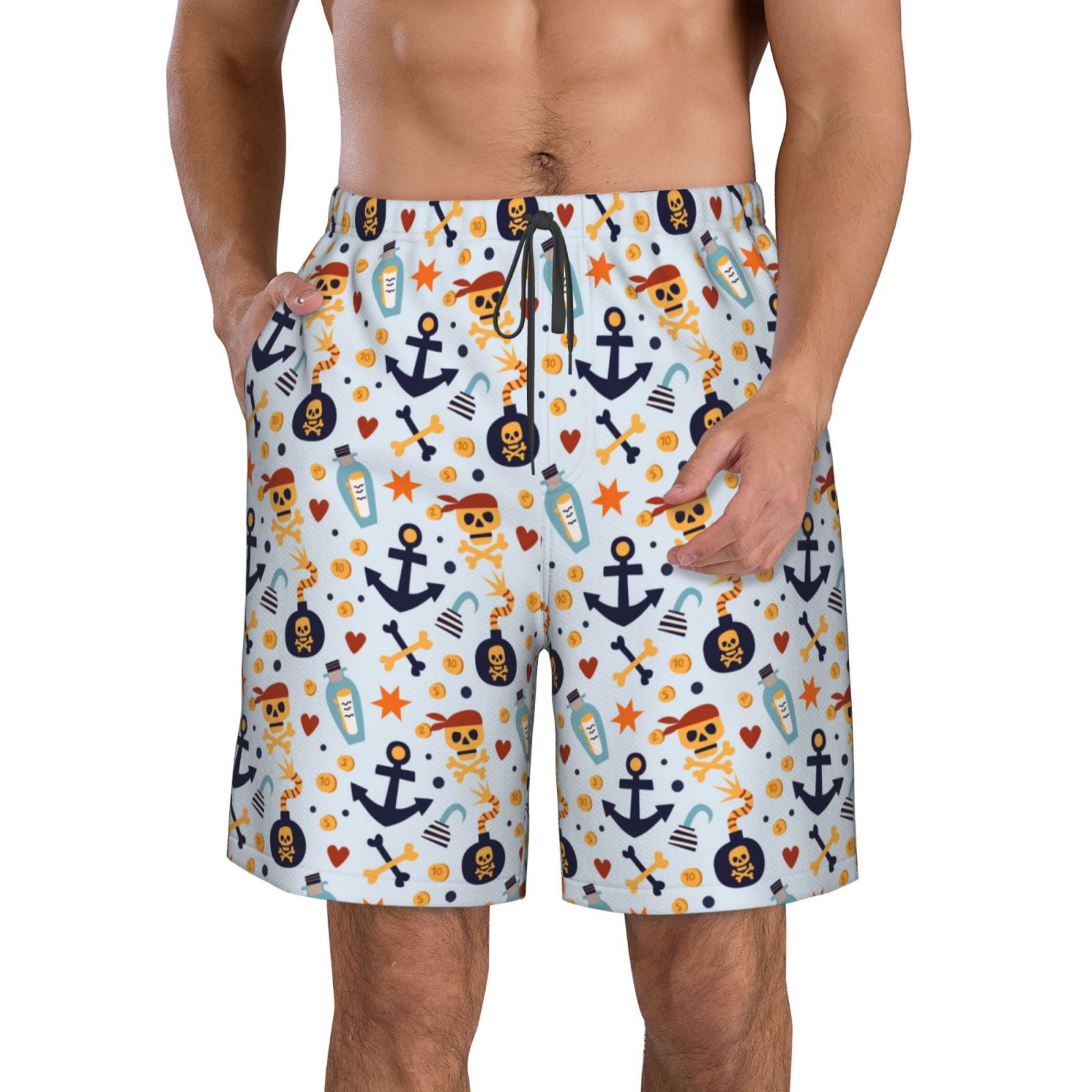 Cauagu Pirate Skull And Anchor Print Men's Swim Trunks,Hawaiian Bathing ...