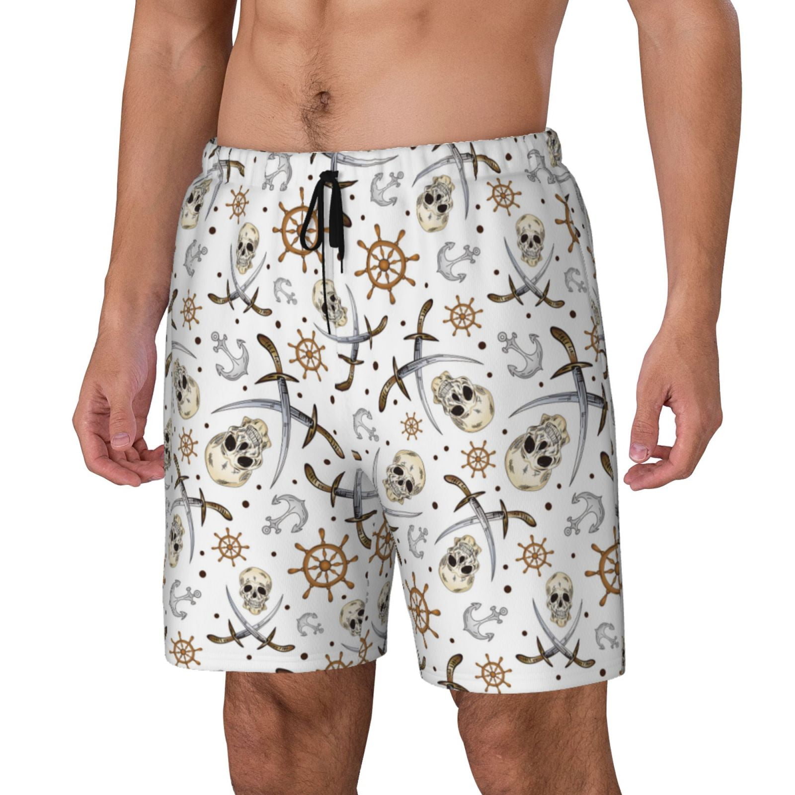 Cauagu Pirate Skulls Print Mens Swim Trunks Quick Dry Board Shorts Swim Shorts With Compression