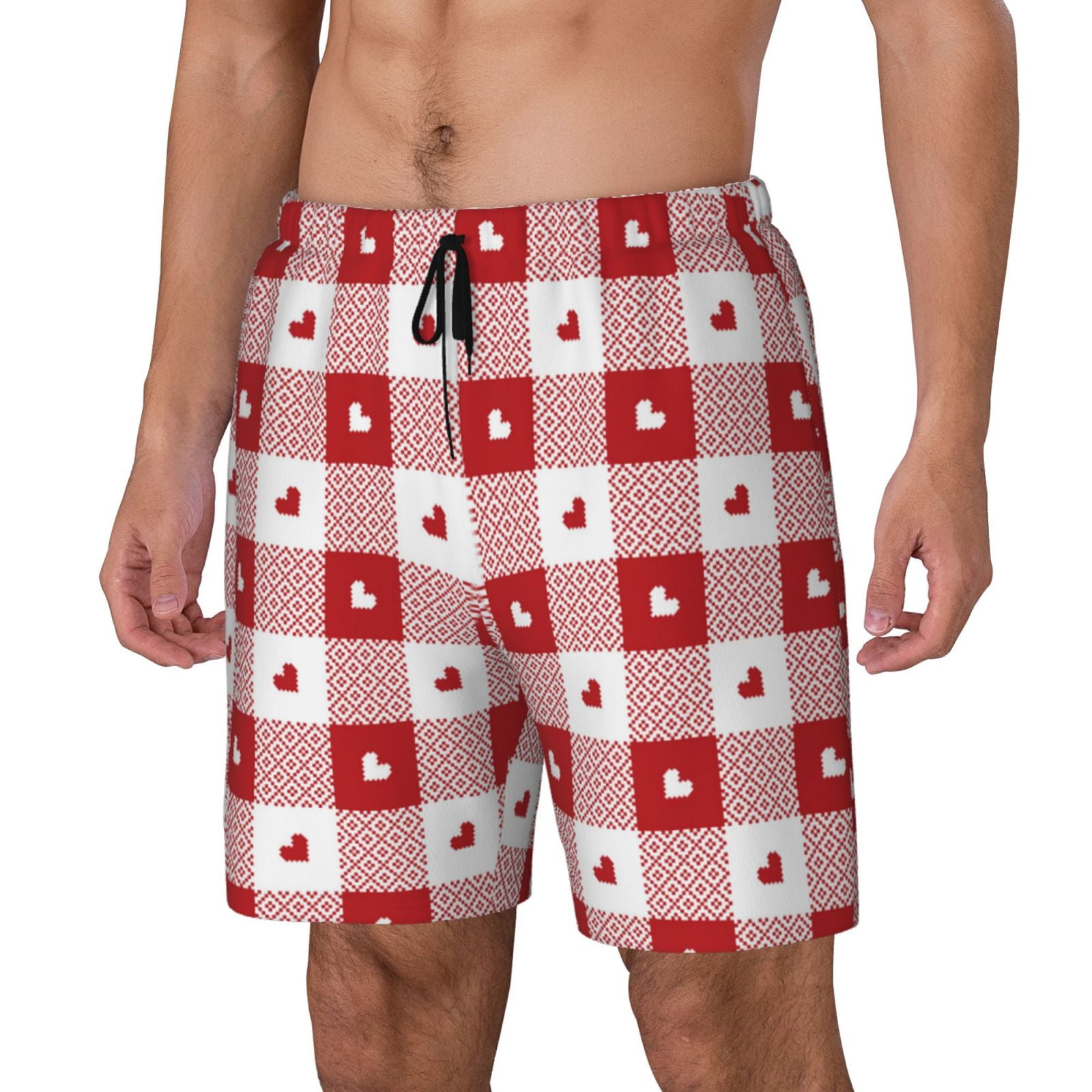 Cauagu Plaid Heart Print Mens Swim Trunks Quick Dry Board Shorts Swim ...
