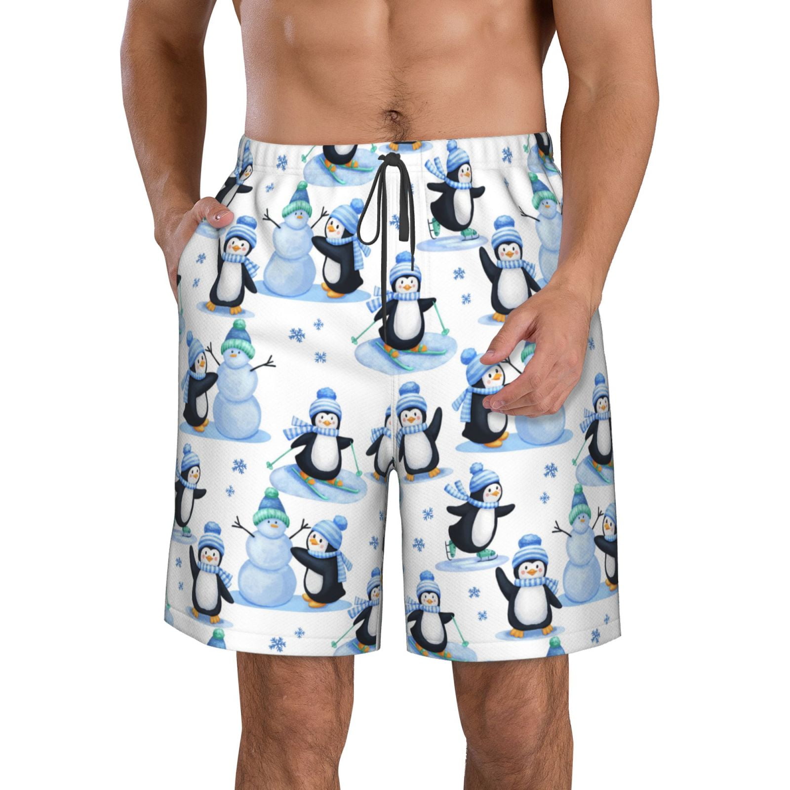Cauagu Playful Penguins and Snowmen Print Men's Swim Trunks,Hawaiian ...