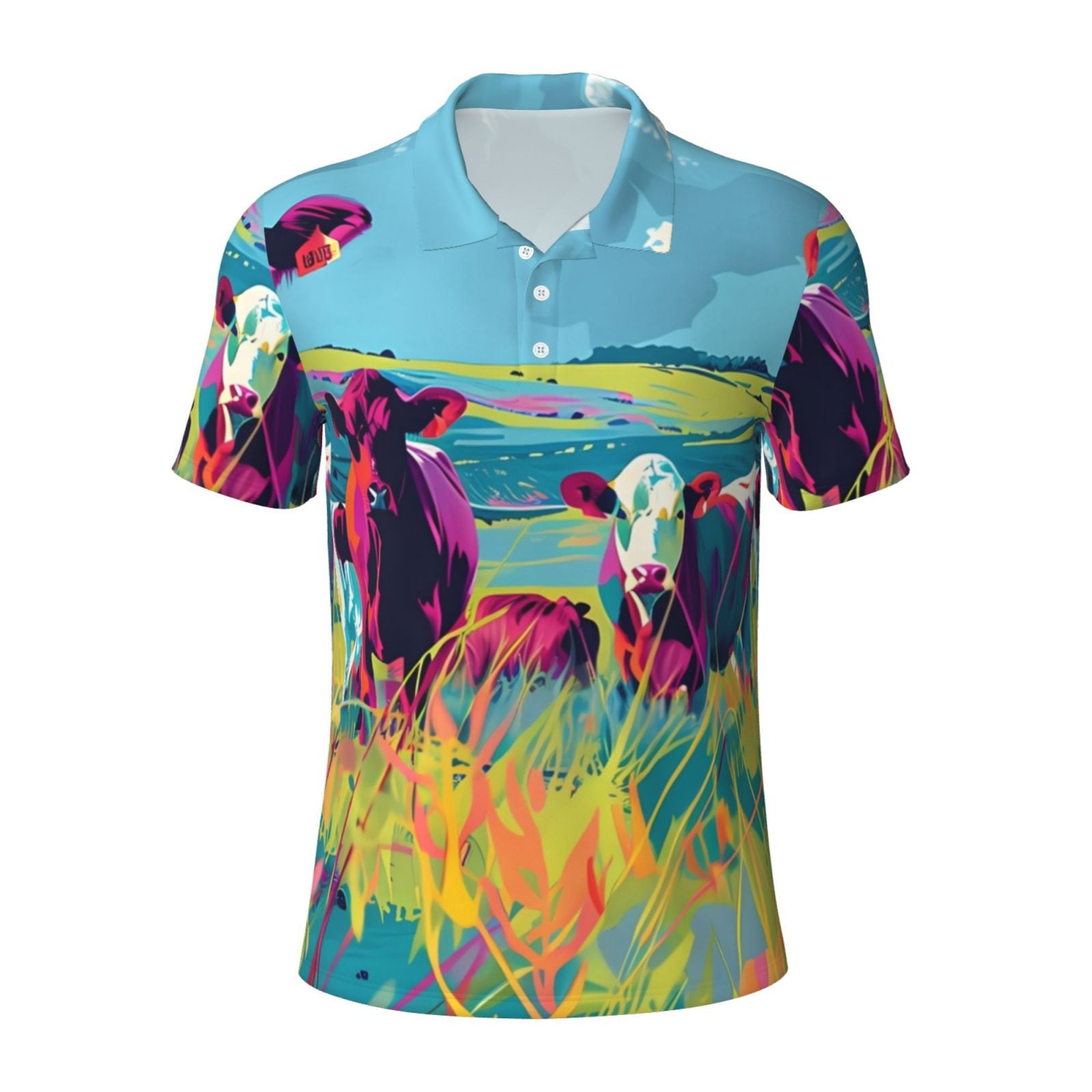 Cauagu Pop Art Colorful Cows Print Men's Polo Shirts, Short-Sleeve Polo ...