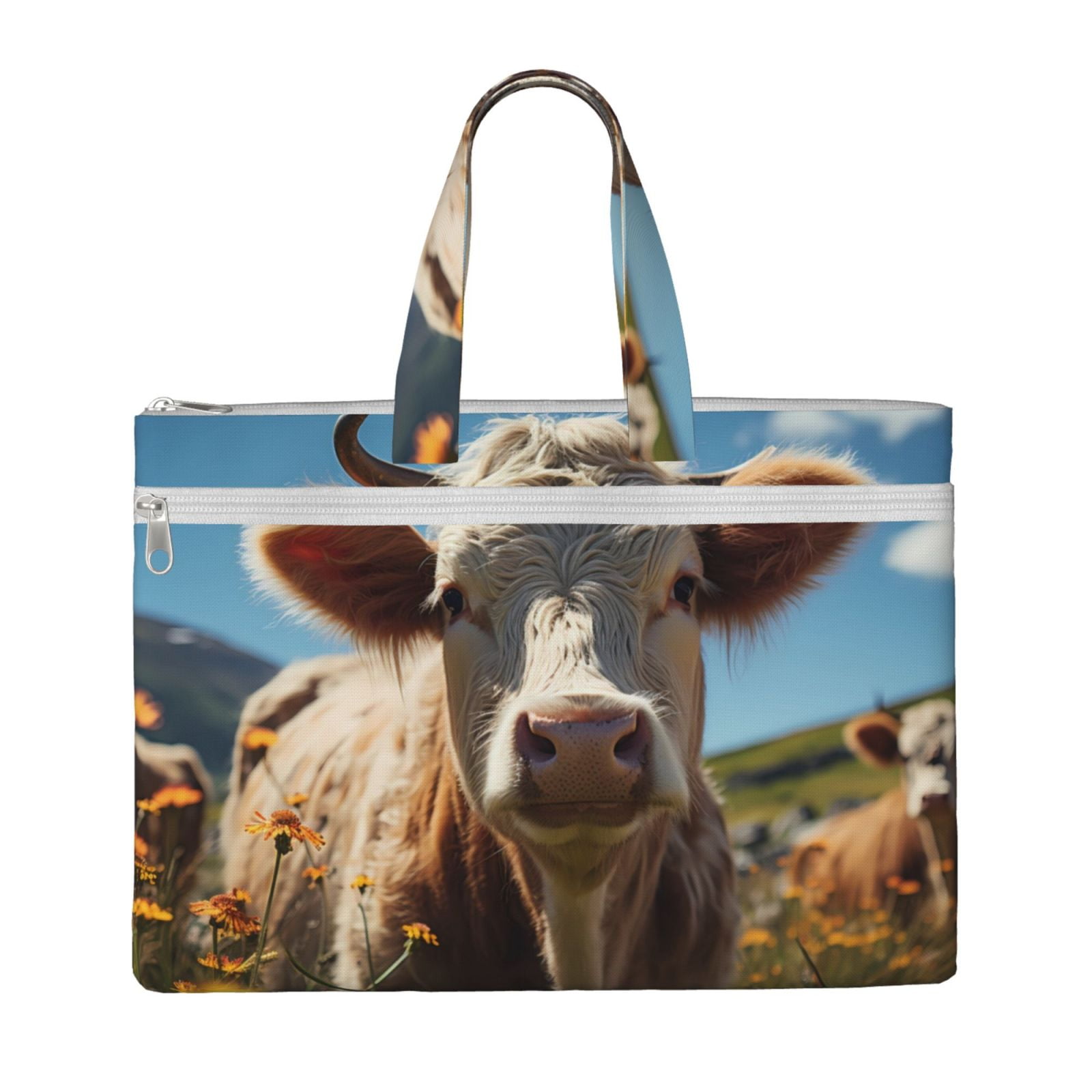 Cauagu Prairie Flower Cow Pattern Canvas Tote File Bag, Zipper Tote Bag ...