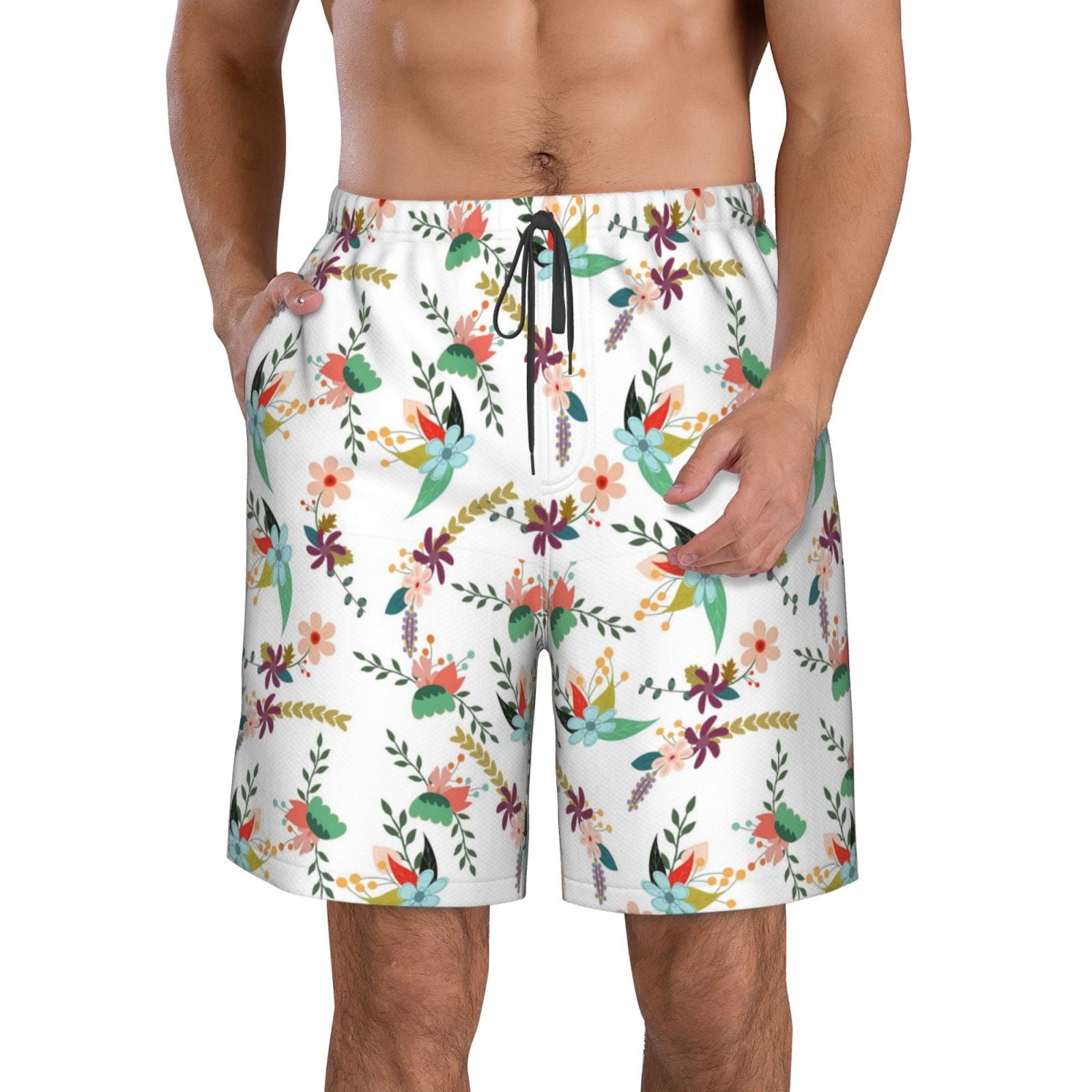 Cauagu Pretty Floral With Leaves Print Men's Swim Trunks,Hawaiian ...