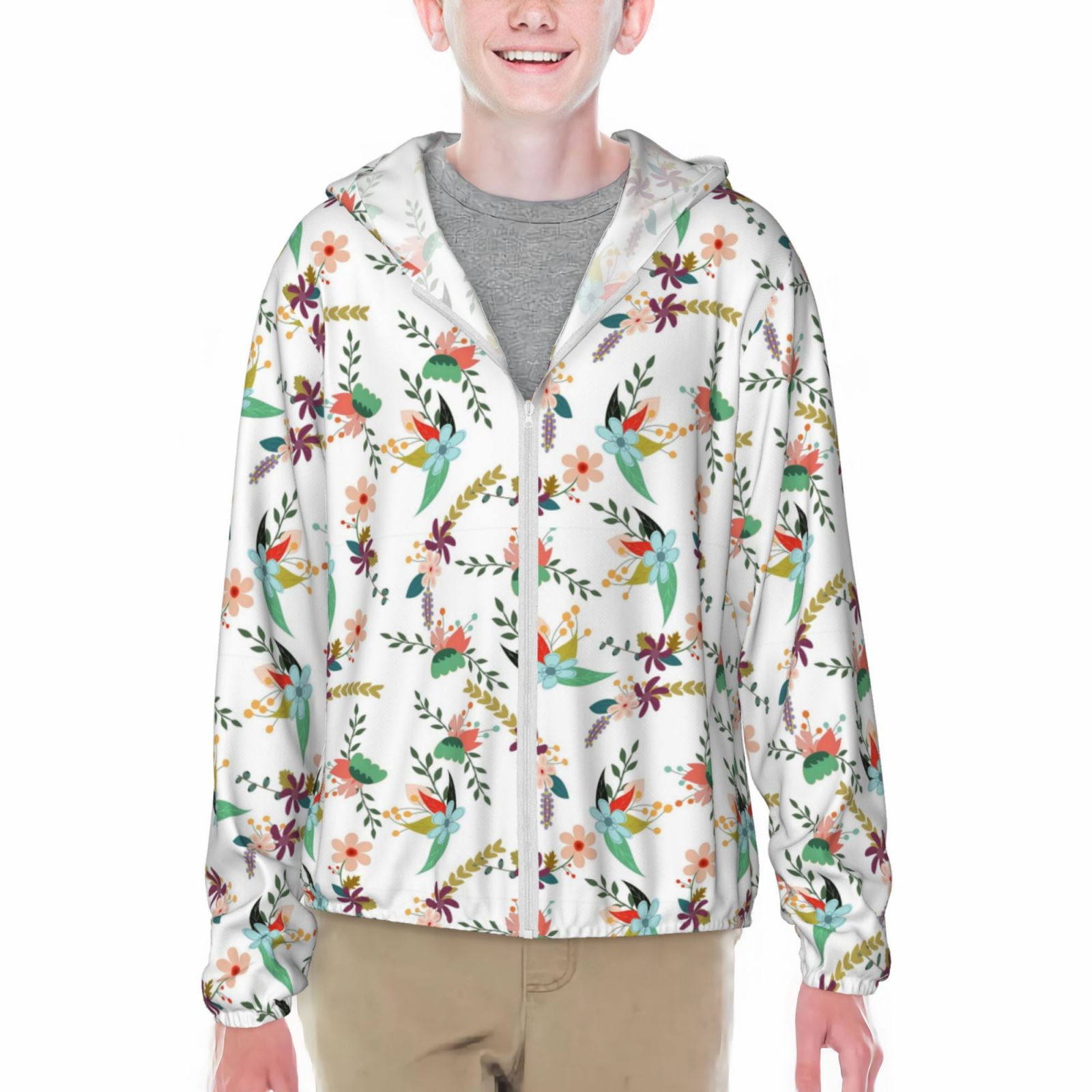 Cauagu Pretty Floral With Leaves Print Sun Protection Jacket for Teen,Full-Zipper Long Sleeve ...