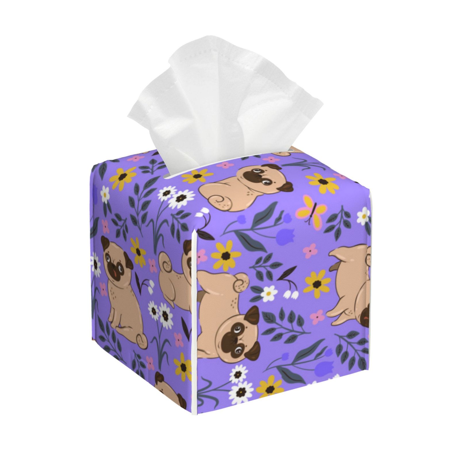 Cauagu Pugs and Flowers Print Tissue Box Cover,Leather Square Holder ...