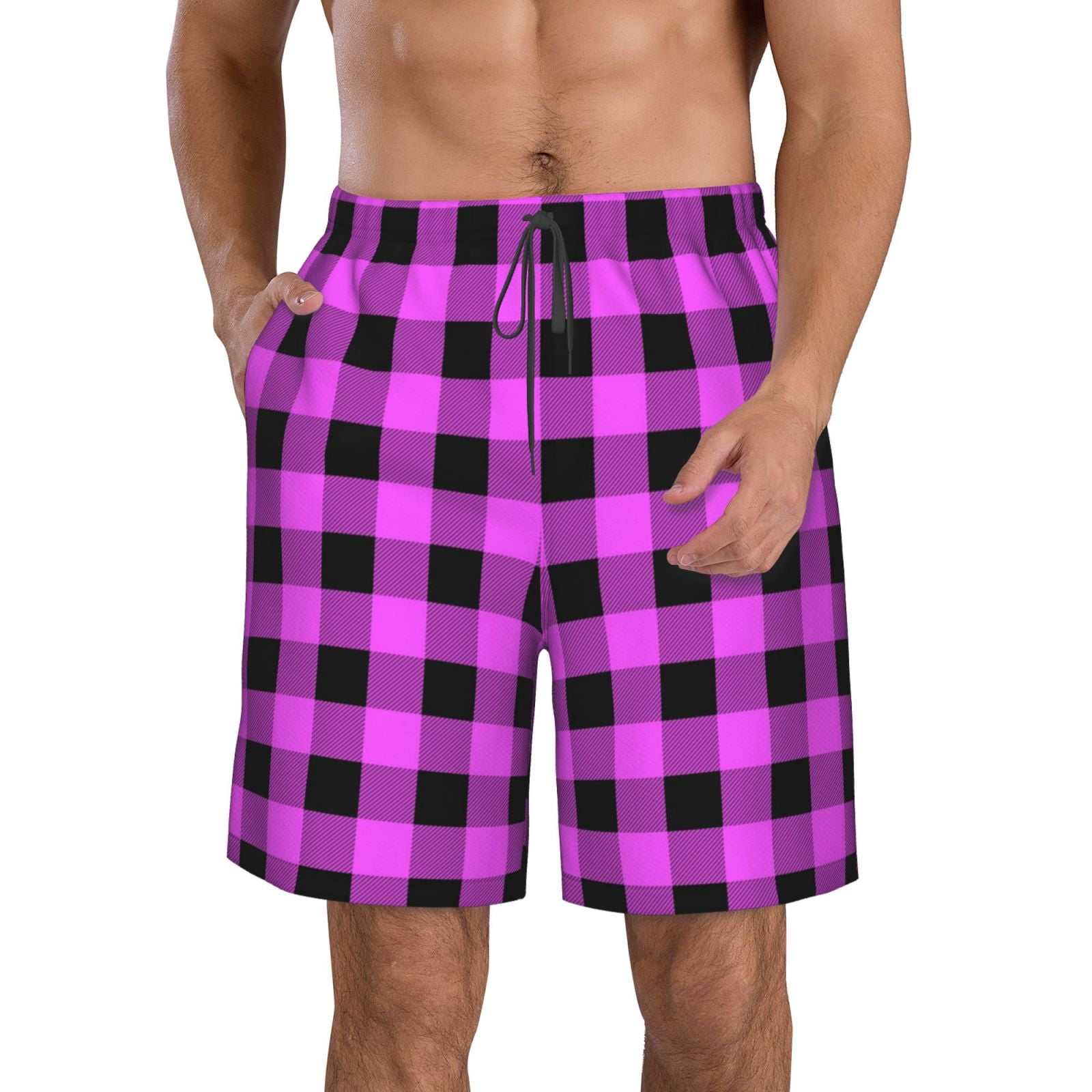 Cauagu Purple Black Buffalo Plaid Print Men's Swim Trunks,Hawaiian ...