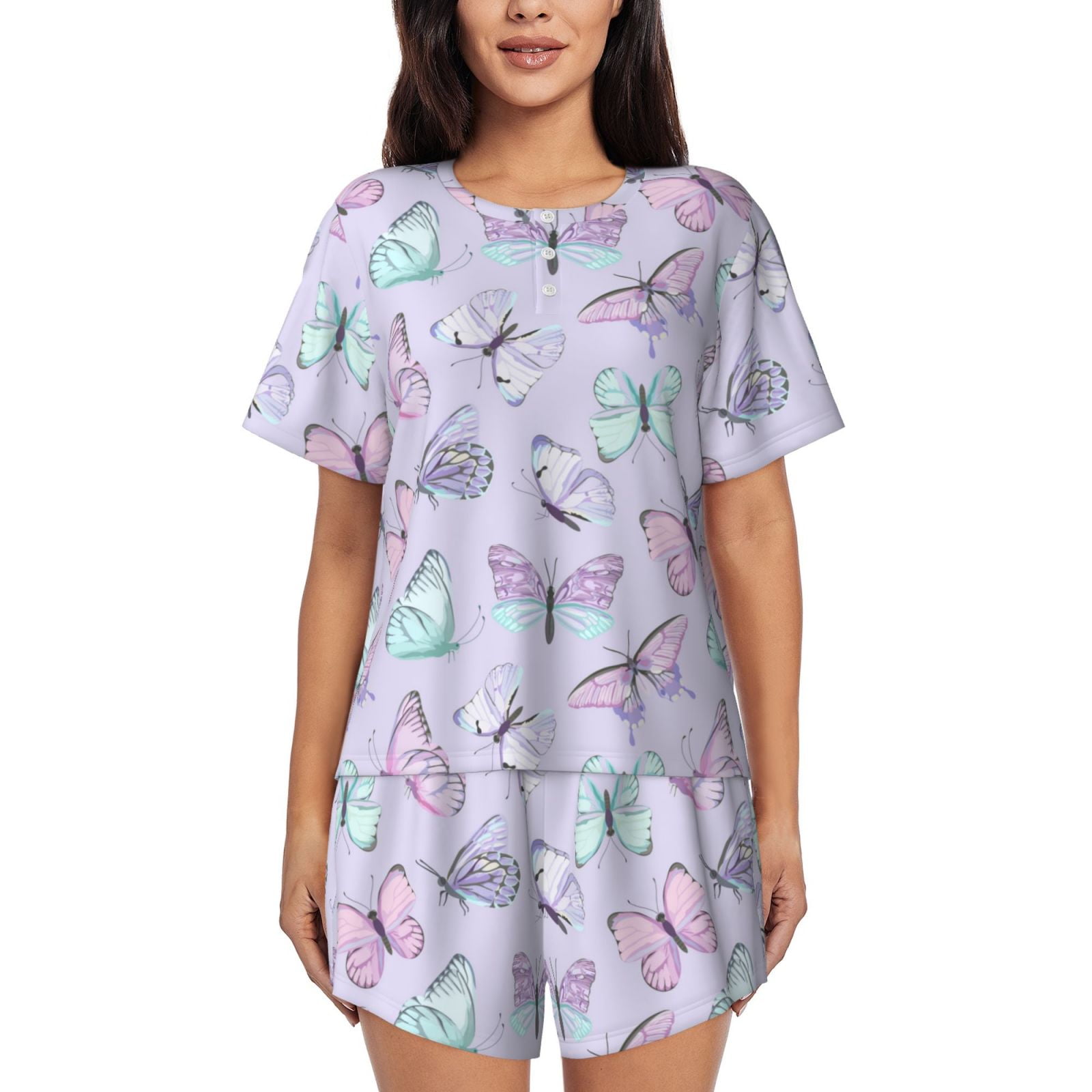 Cauagu Purple Butterfly for Women's Round Neck Pajama Set,Short-Sleeved ...