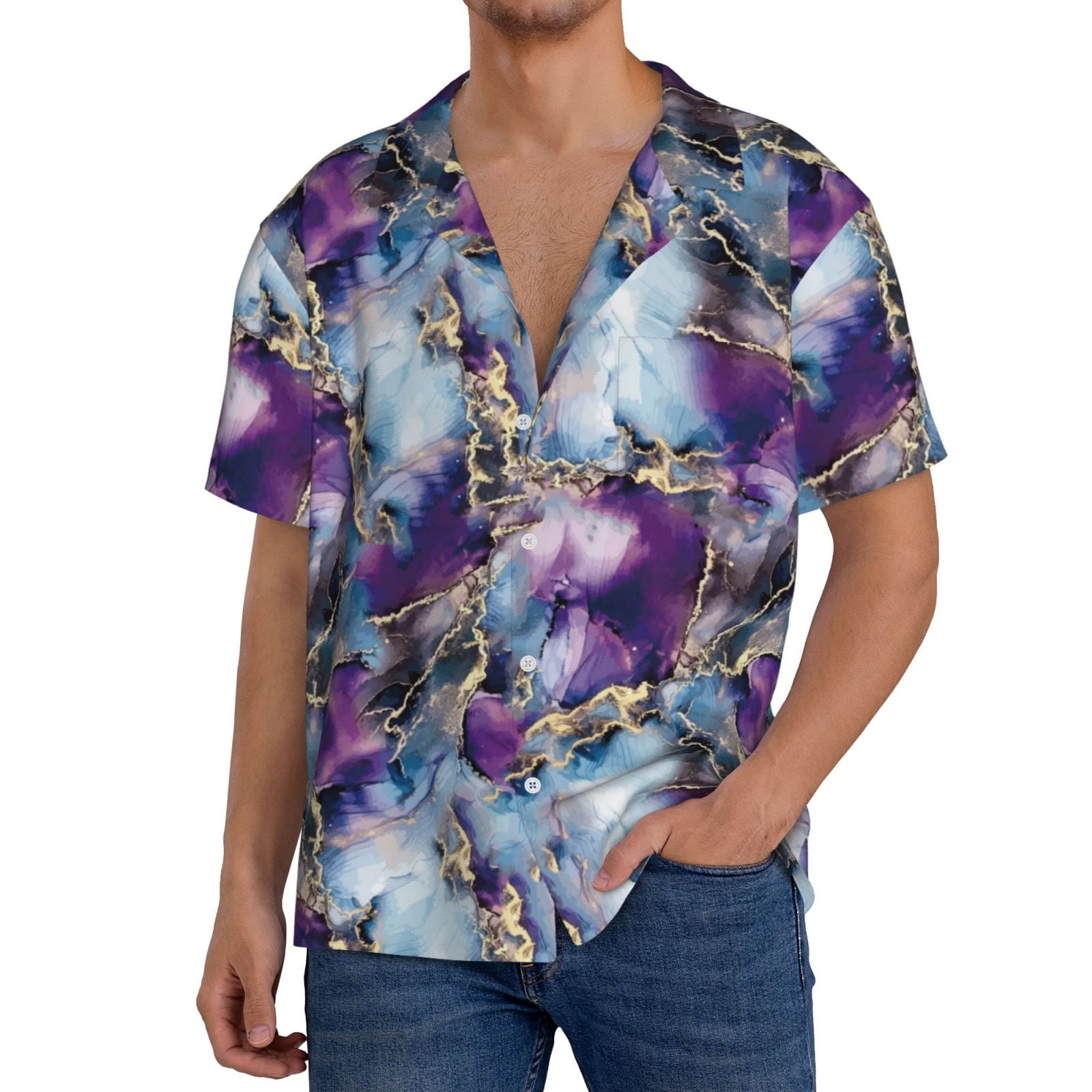 Cauagu Purple Marble Texture Men's Short Sleeve Button Down Hawaiian ...