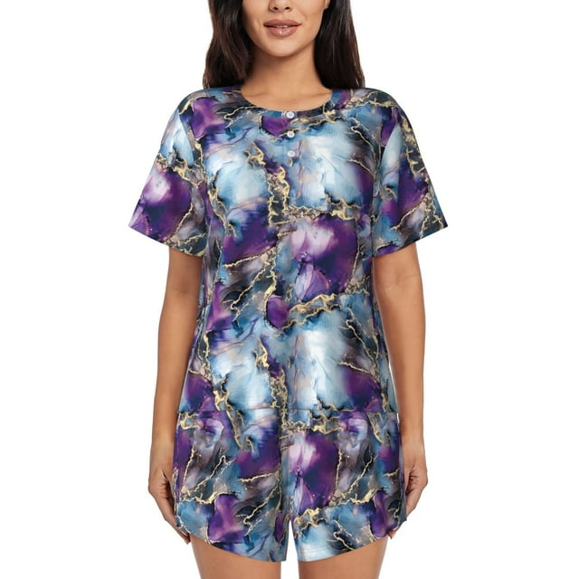 Cauagu Purple Marble Texture for Women's Round Neck Pajama Set,Short-Sleeved Pajamas Soft ...